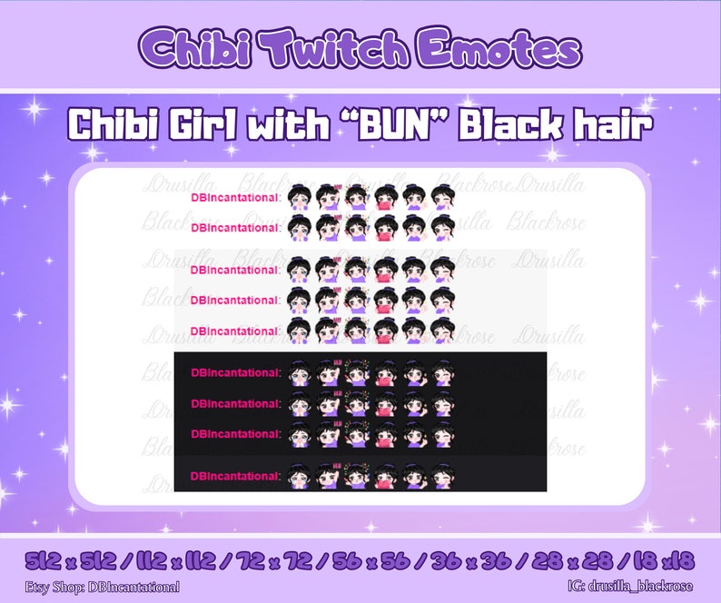 Cute Chibi Girl Emote With Bun Hairstyle, Black Hair Black Eyes, 6 ...
