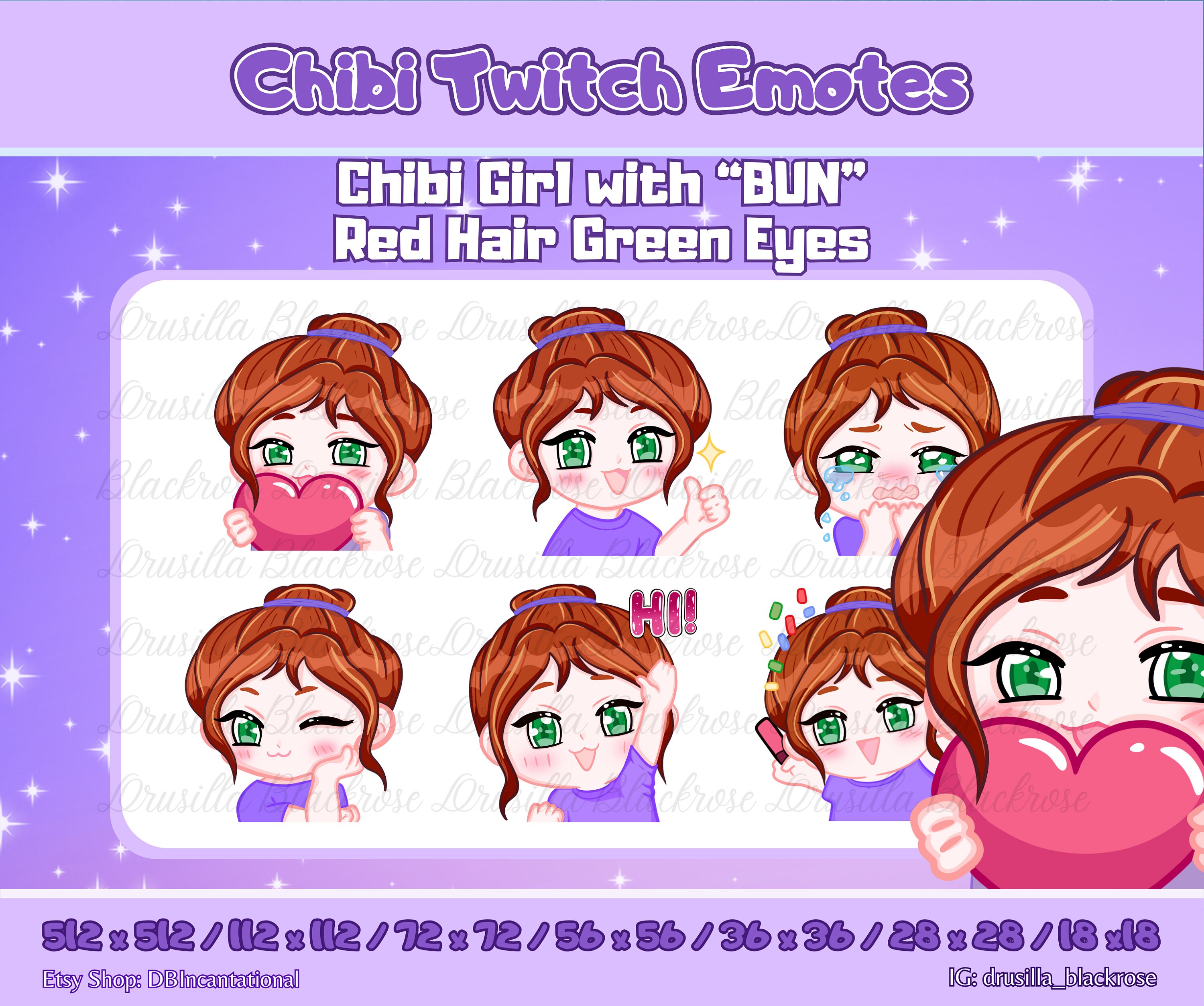 Cute Chibi Girl Emote With Bun Hairstyle, Red Hair Green Eyes, 6 Poses ...
