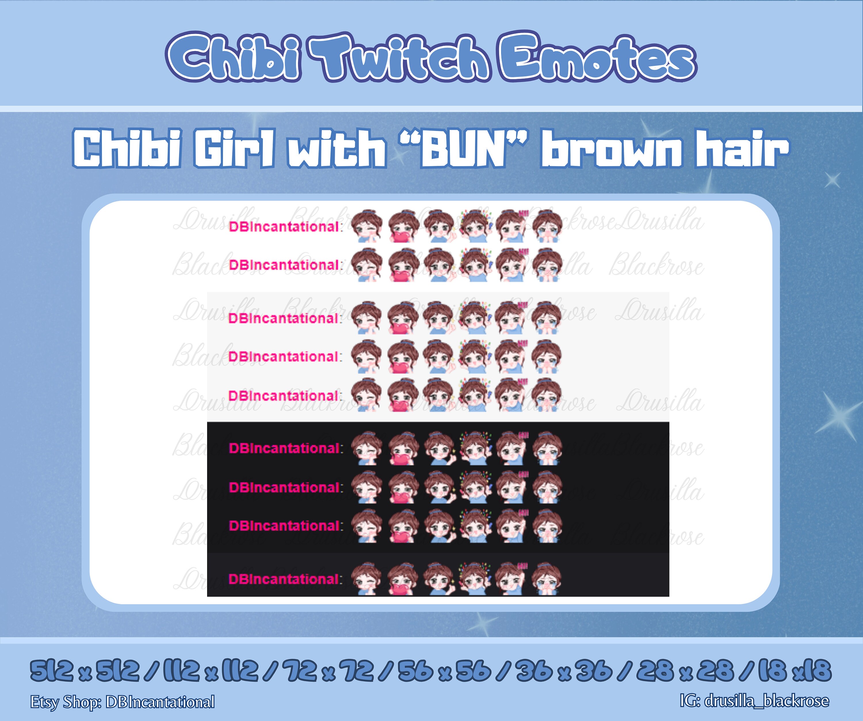Cute Chibi Girl Emote With Bun Hairstyle, Brown Hair Black Eyes, 6 ...