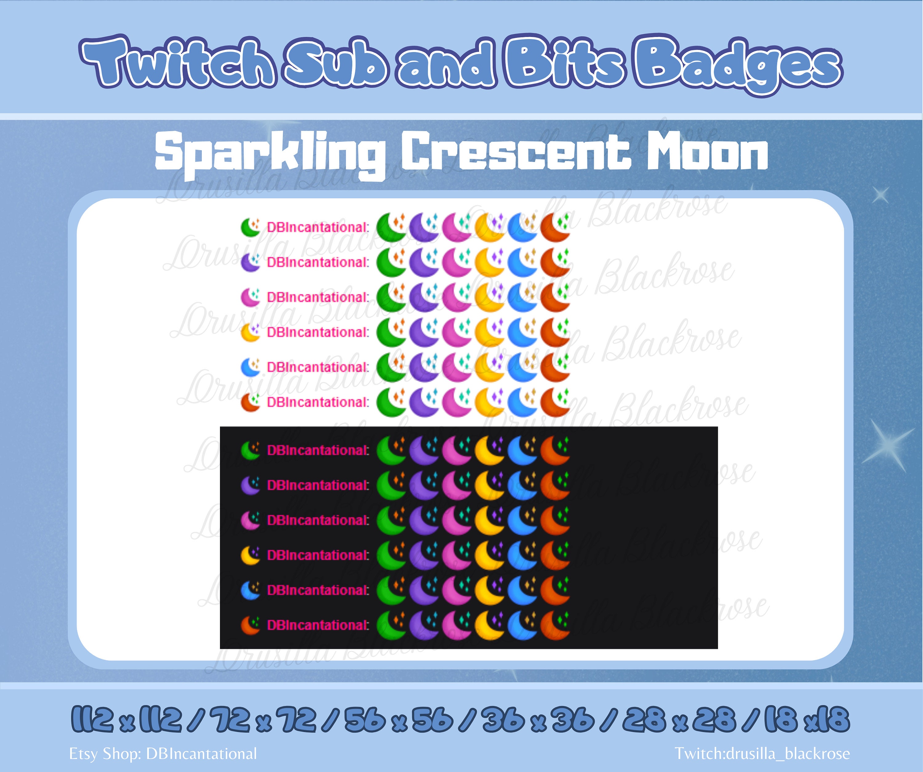 Set of 6 Sparkling Crescent Moon Subscriber Badges - Half Moon Emotes ...