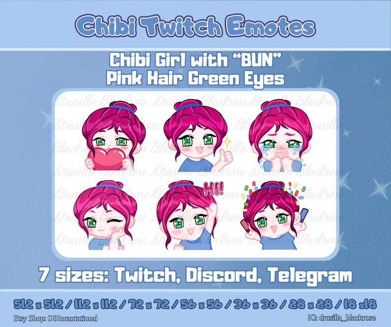 Cute Chibi Girl Emote With Bun Hairstyle, Pink Hair Green Eyes, 6 Poses ...