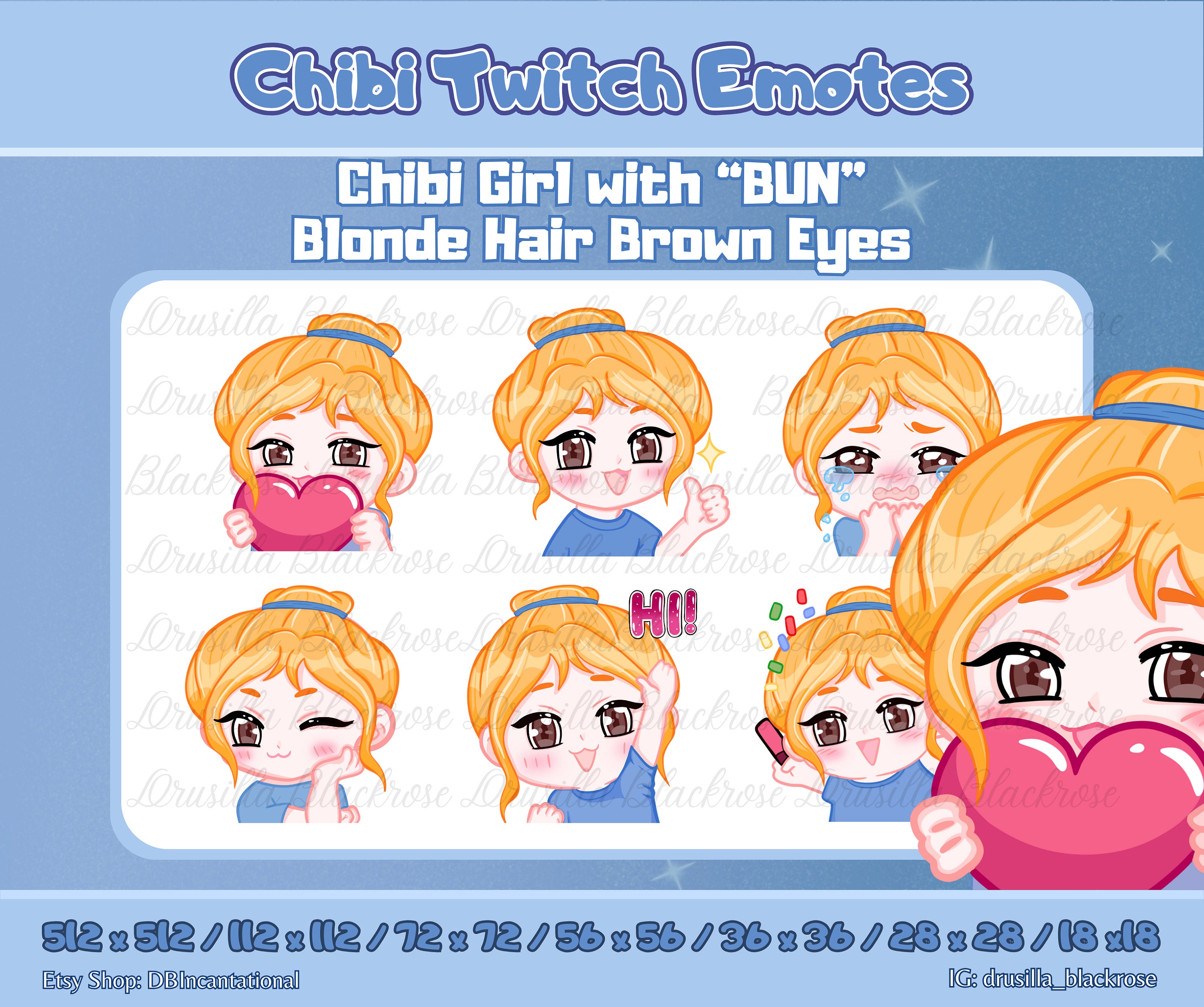 Cute Chibi Girl Emote With Bun Hairstyle, Blonde Hair Brown Eyes, 6 ...