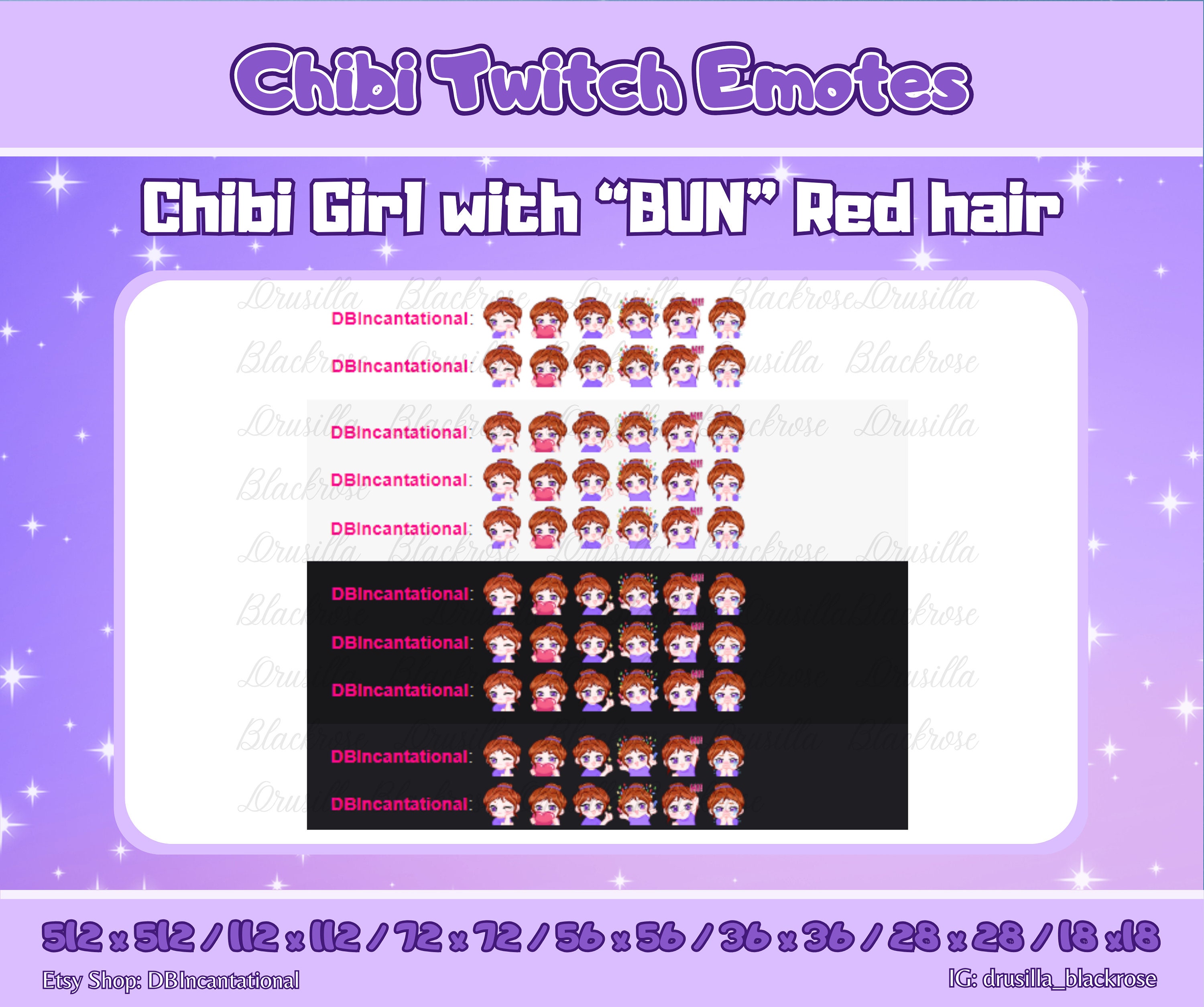 Cute Chibi Girl Emote With Bun Hairstyle, Red Hair Purple Eyes, 6 Poses ...