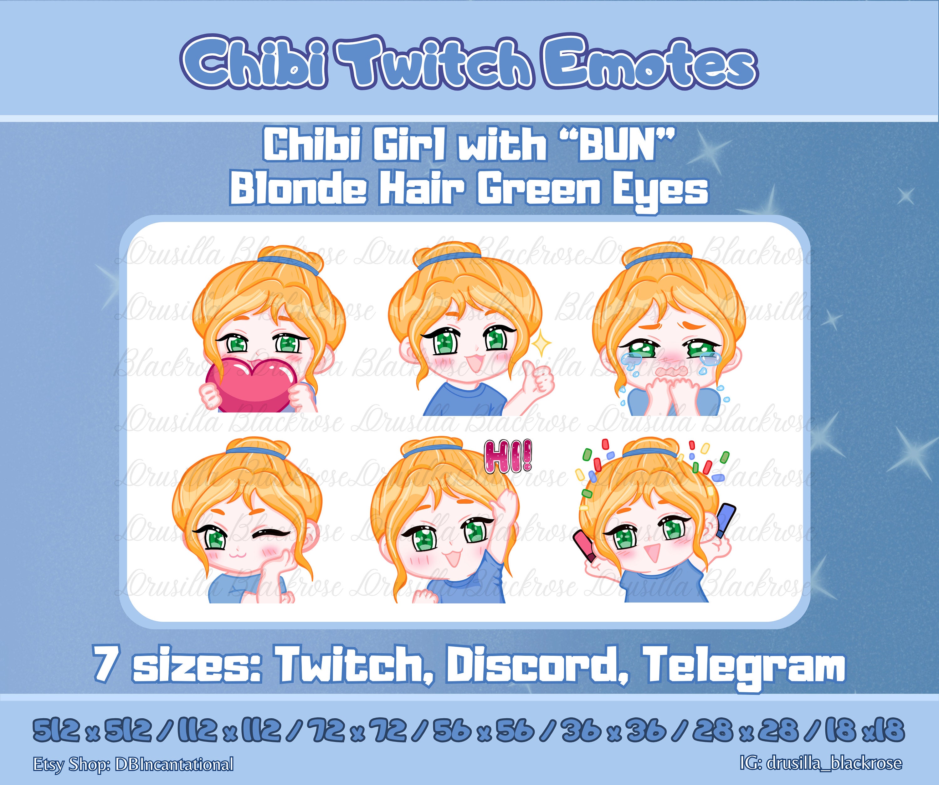 Cute Chibi Girl Emote With Bun Hairstyle, Blonde Hair Green Eyes, 6 ...