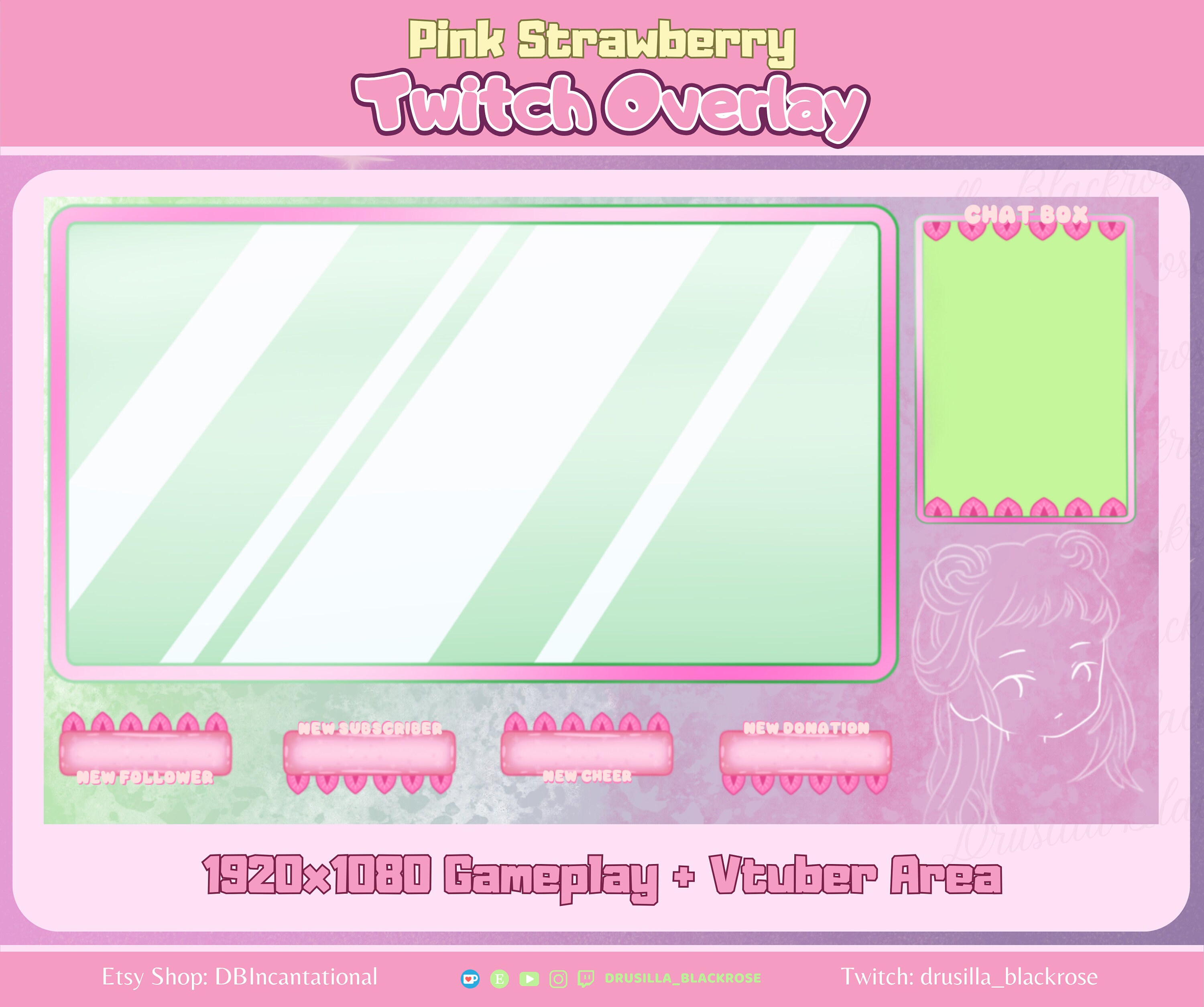 Adorable Pink Strawberry Themed Twitch Overlays, Simple Static Overlays ...