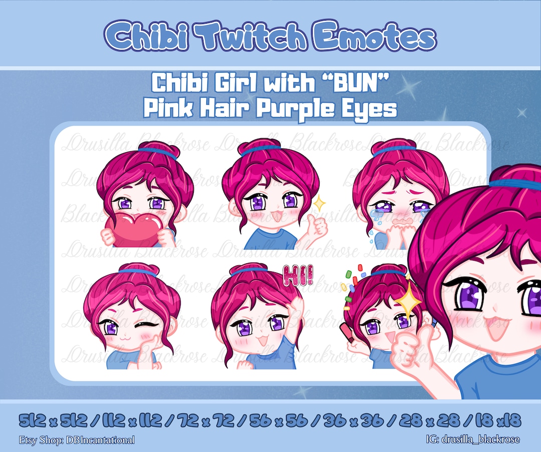 Cute Chibi Girl Emote With Bun Hairstyle, Pink Hair Purple Eyes, 6 ...