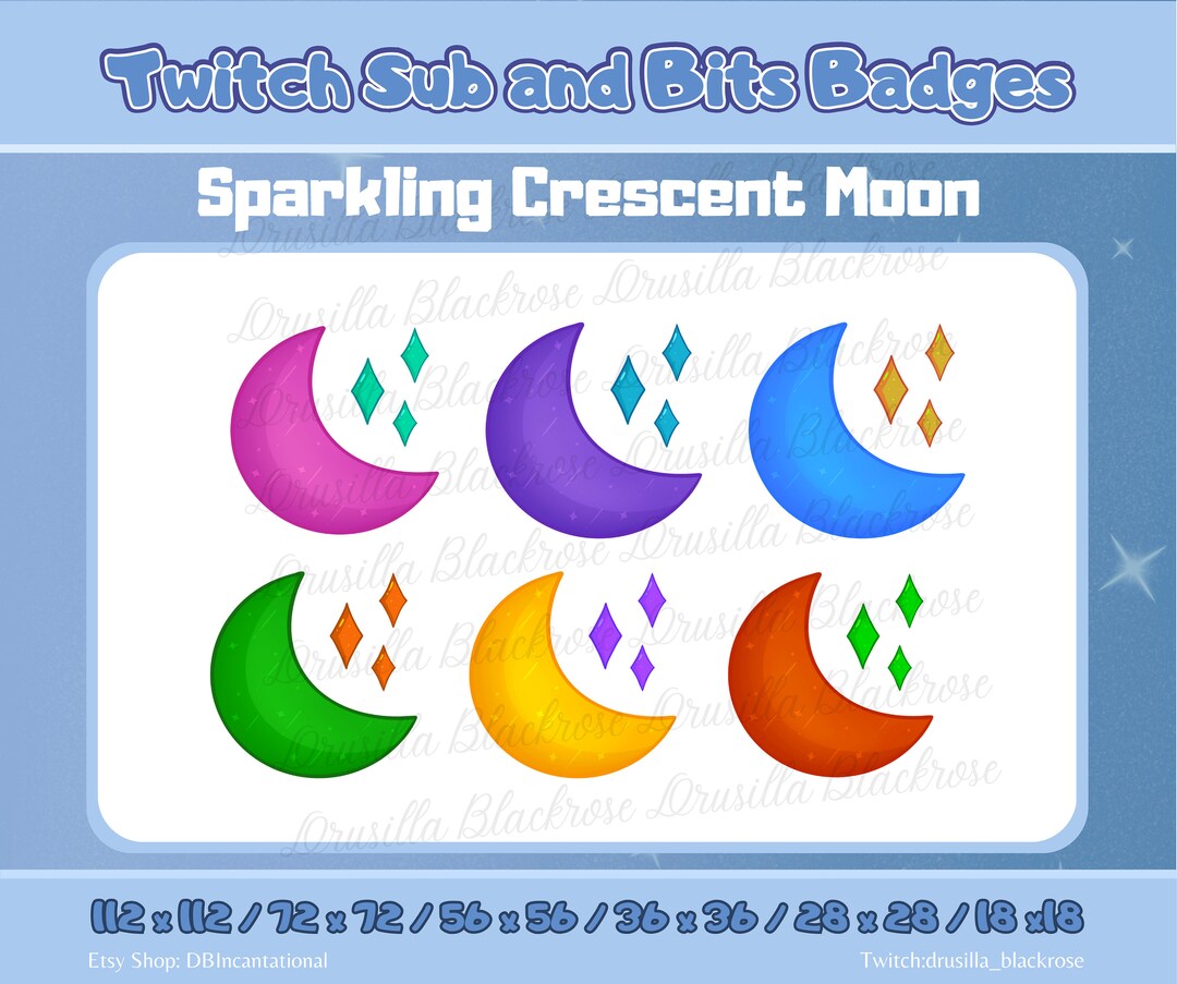 Set of 6 Sparkling Crescent Moon Subscriber Badges - Half Moon Emotes ...