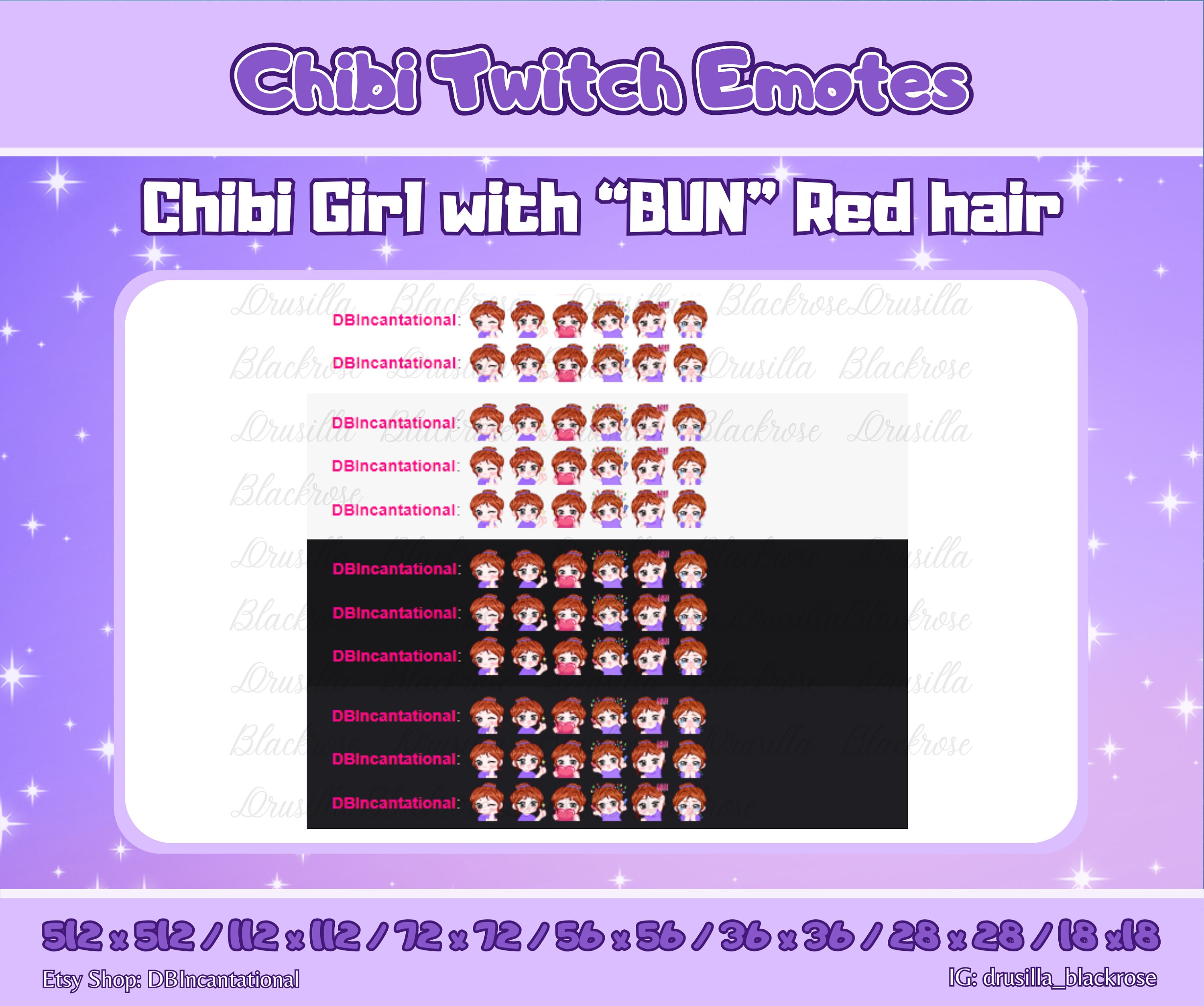 Cute Chibi Girl Emote With Bun Hairstyle, Red Hair Black Eyes, 6 Poses ...