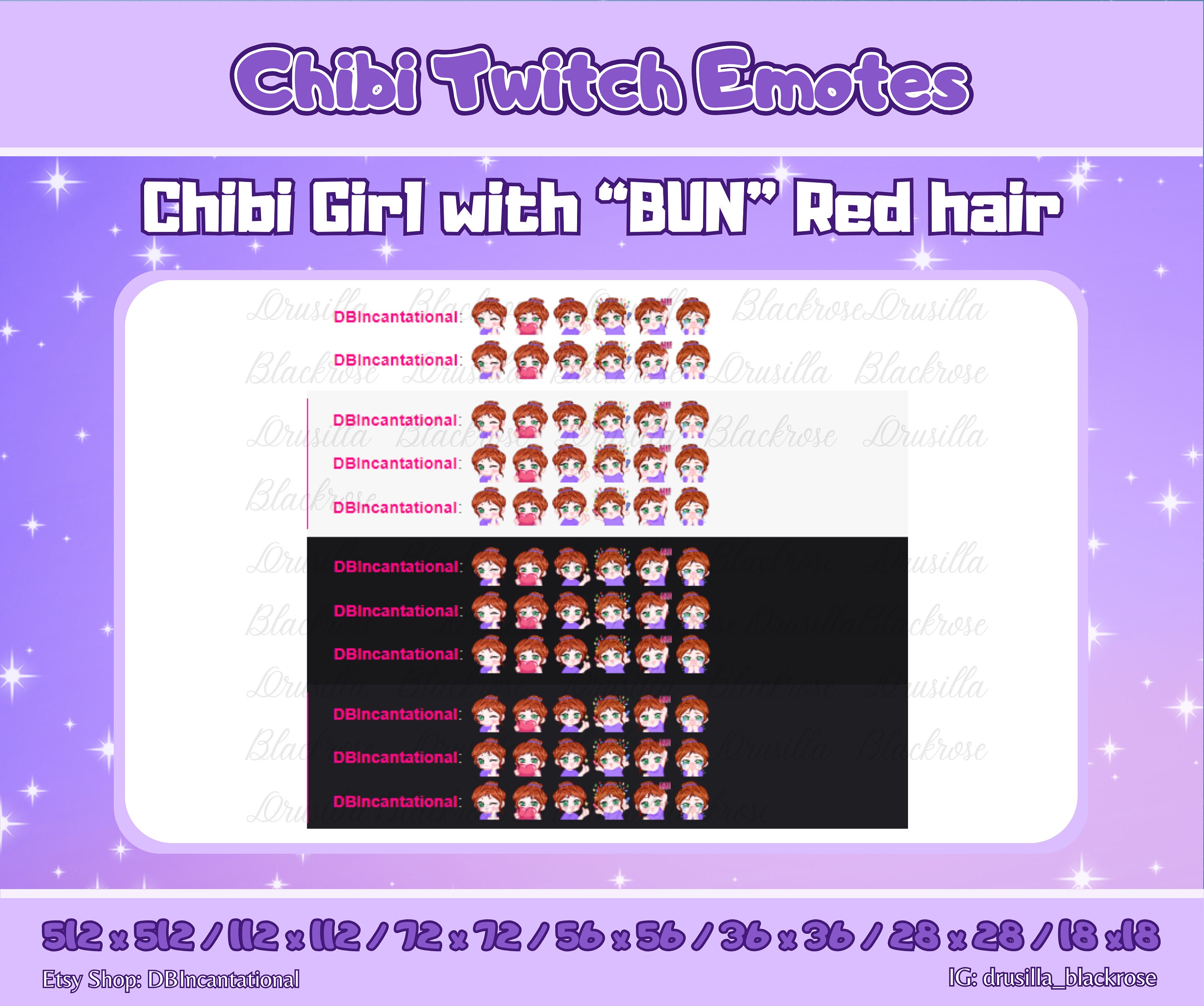 Cute Chibi Girl Emote With Bun Hairstyle, Red Hair Green Eyes, 6 Poses ...