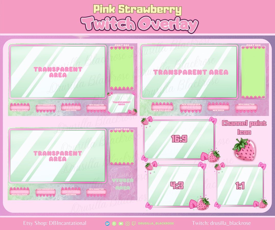 Adorable Pink Strawberry Themed Twitch Overlays, Simple Static Overlays ...