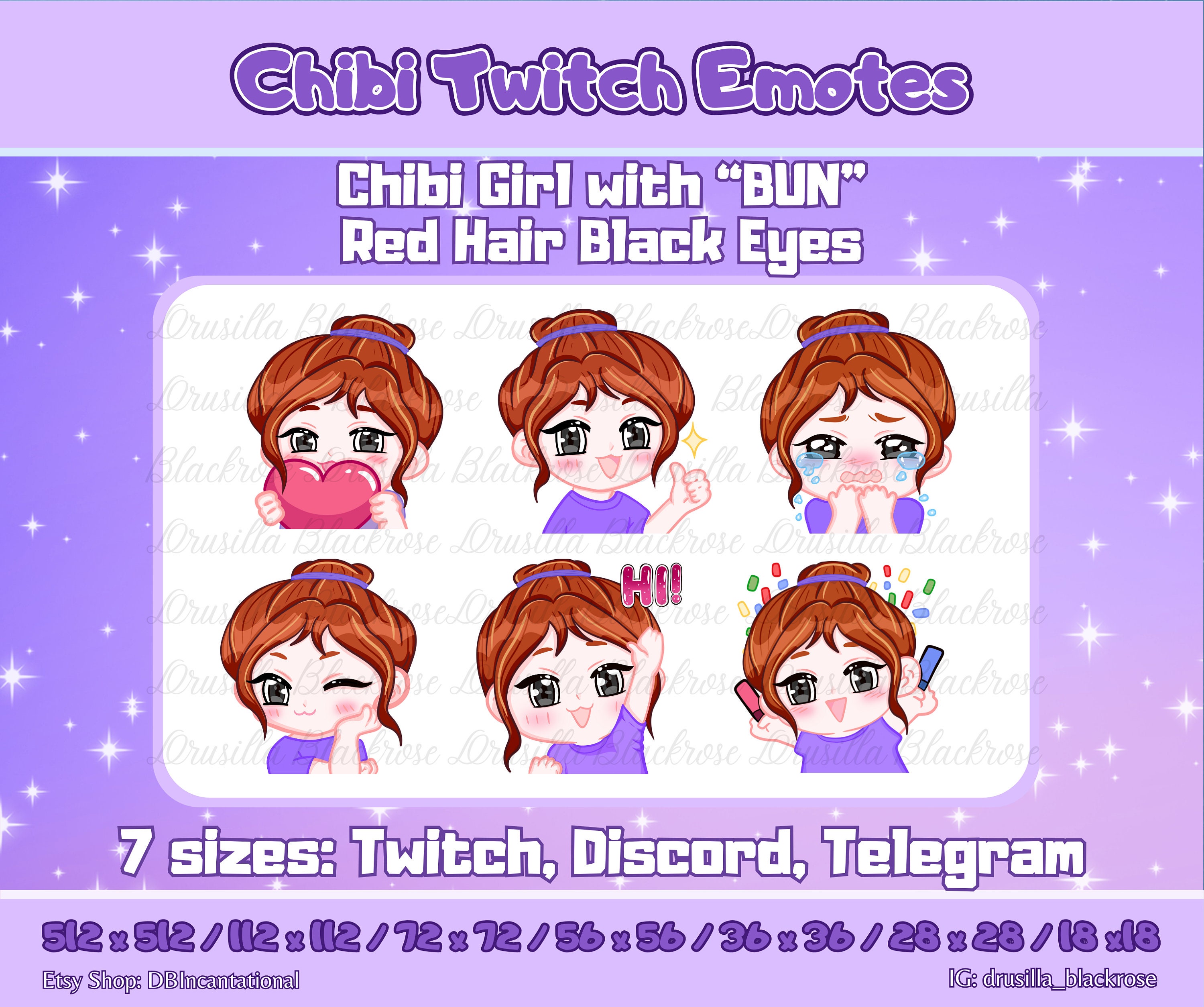 Cute Chibi Girl Emote With Bun Hairstyle, Red Hair Black Eyes, 6 Poses ...