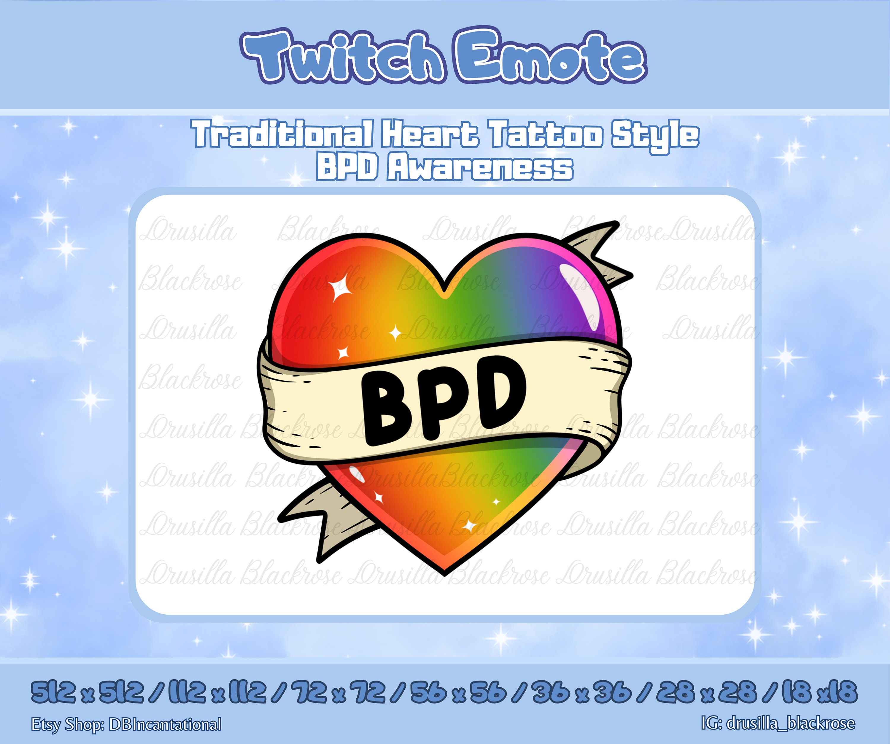 Traditional Rainbow Heart Tattoo Style BPD Awareness Twitch Emote ...