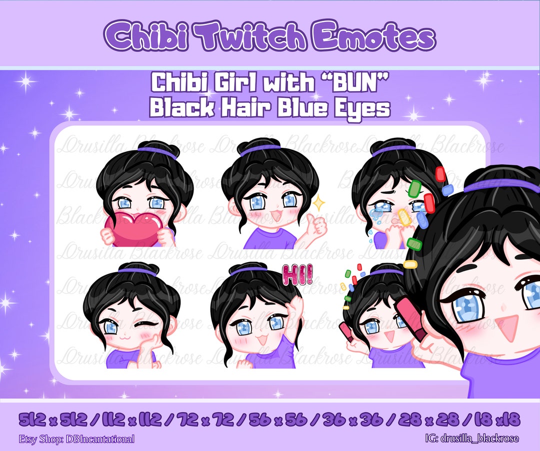 Cute Chibi Girl Emote With Bun Hairstyle, Black Hair Blue Eyes, 6 Poses ...