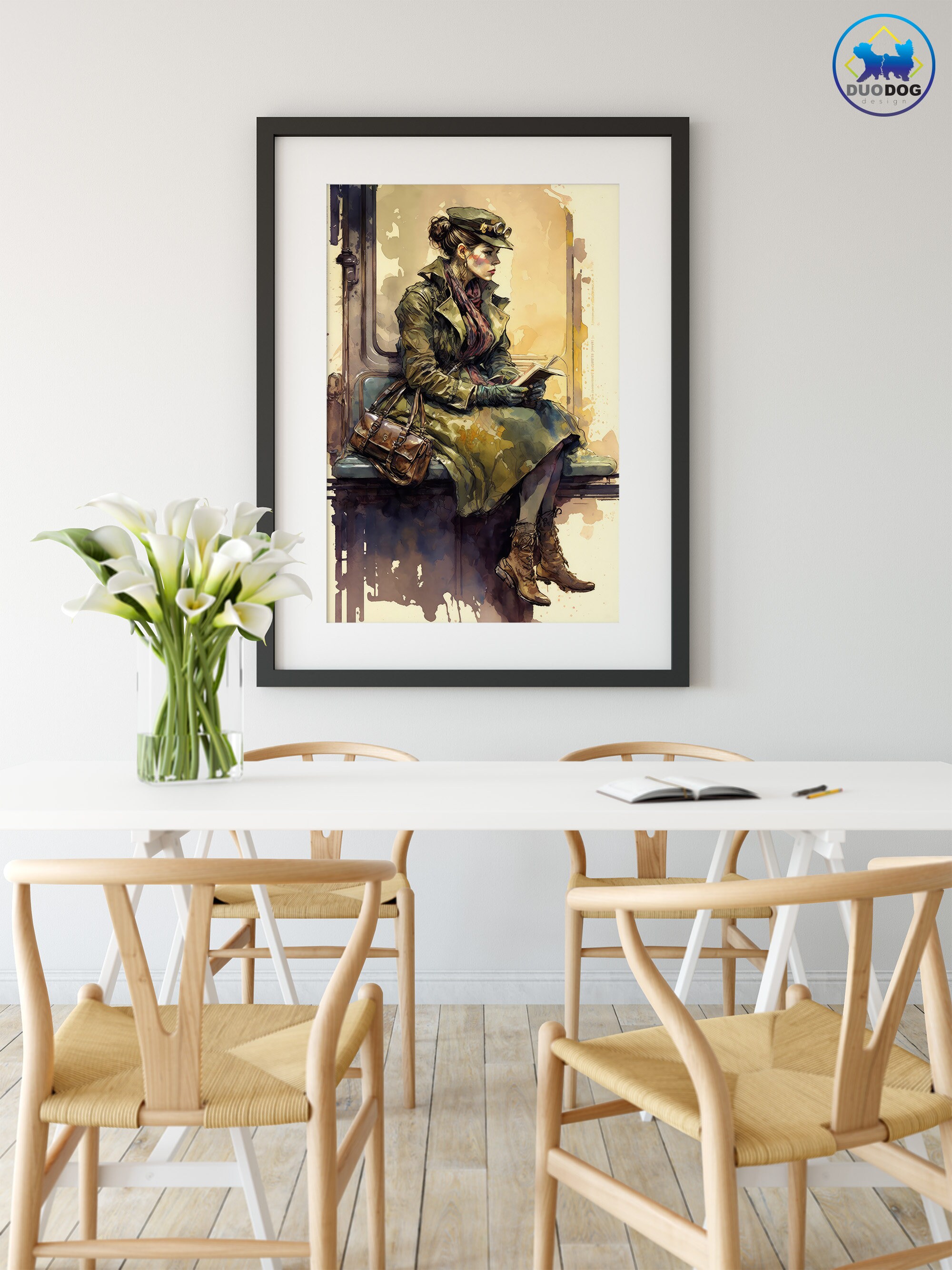 Watercolor Steampunk Woman Sitting on Subway 3 Wall Decor Duo Dogs ...