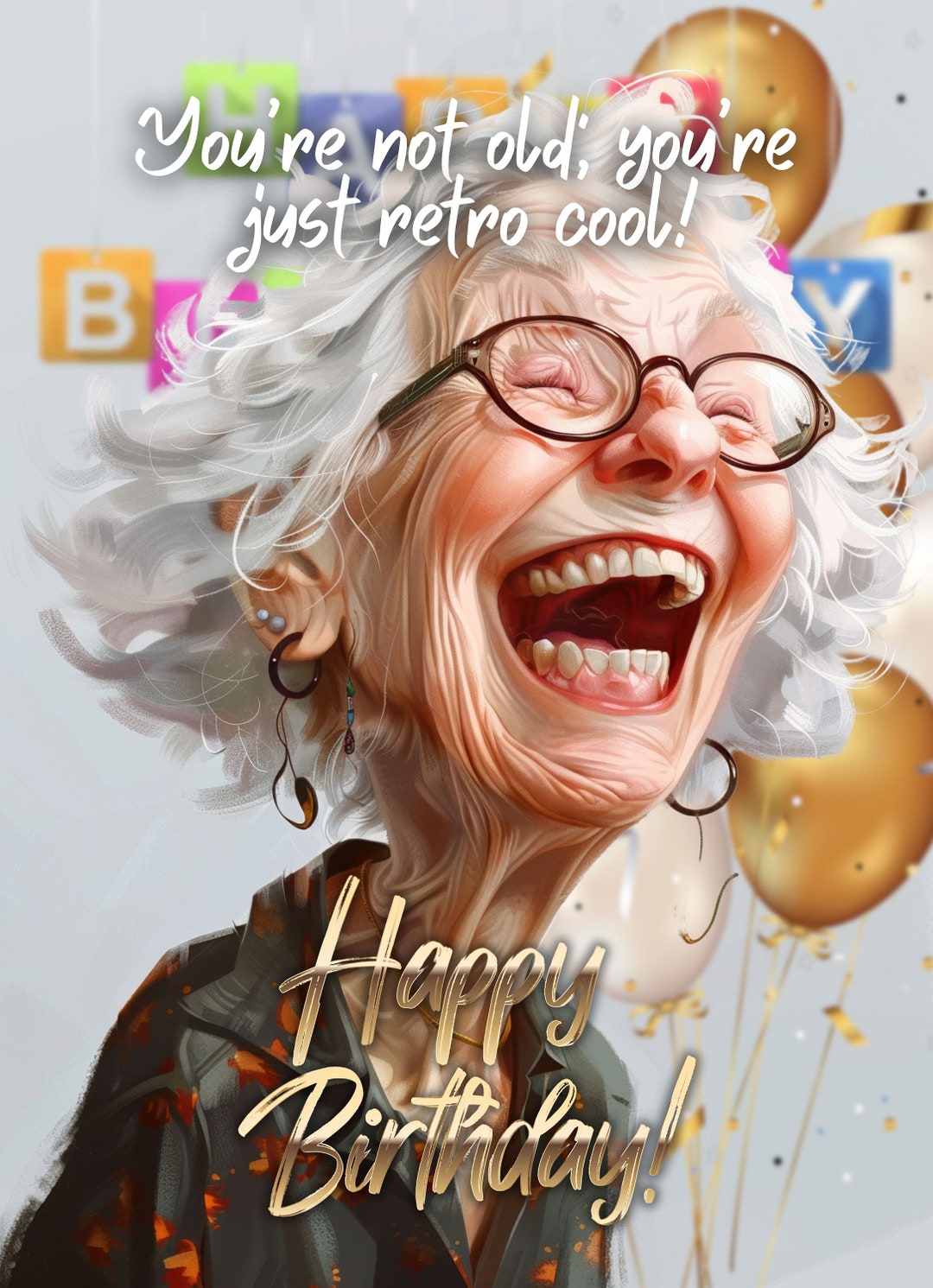 Funny Happy Birthday Card for Seniors, Retro Cool Greeting Card ...