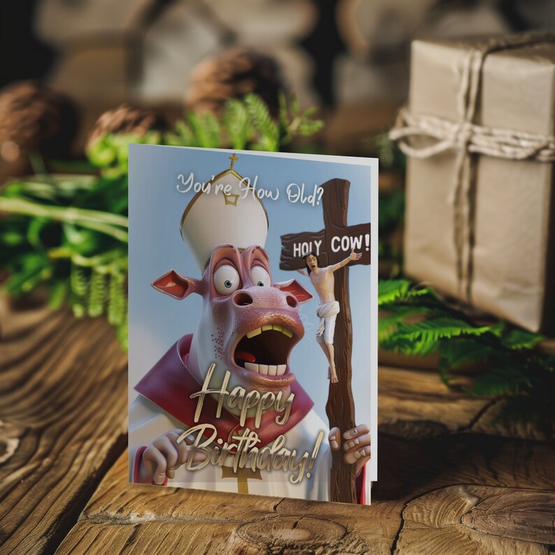 Priest Cow & Jesus Figurine Birthday Card Unique 5x7 Humor Card ...
