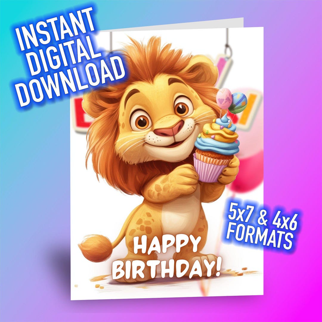 Cute Lion Happy Birthday Card, Adorable Animal Birthday Greeting ...