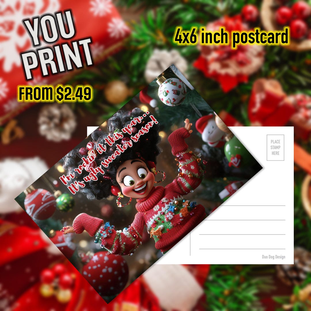 Funny Ugly Sweater Postcard, Ugly Christmas Sweater Card, Humorous ...