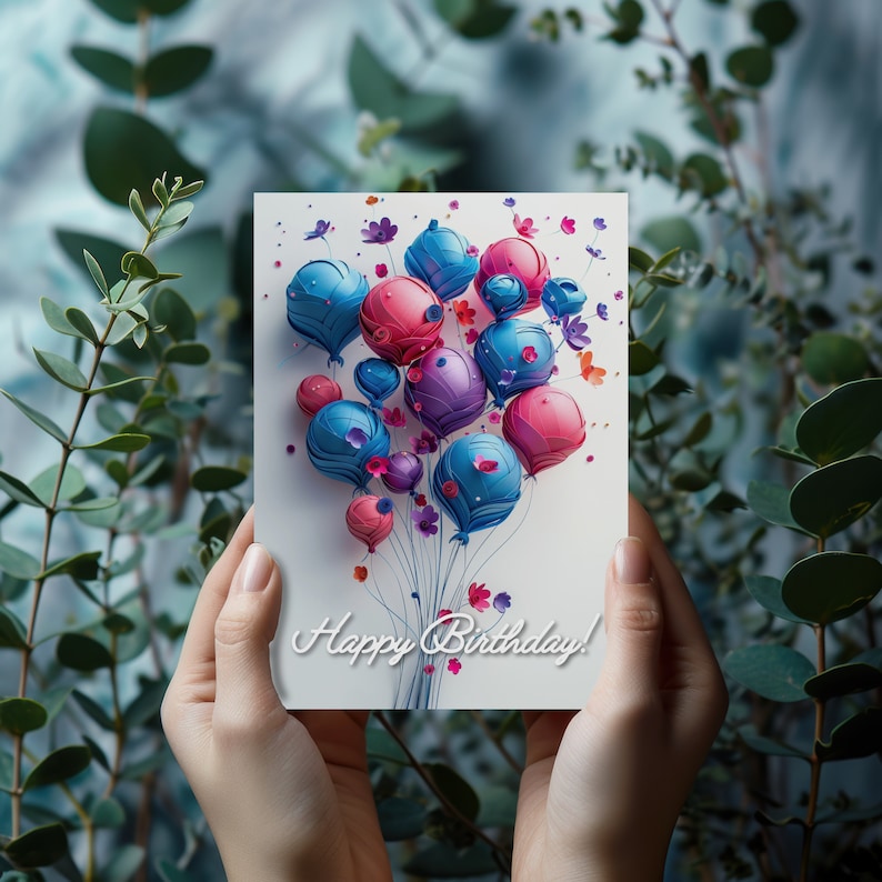 Happy Birthday Greeting Card, Balloon Bouquet Design, Digital Download ...
