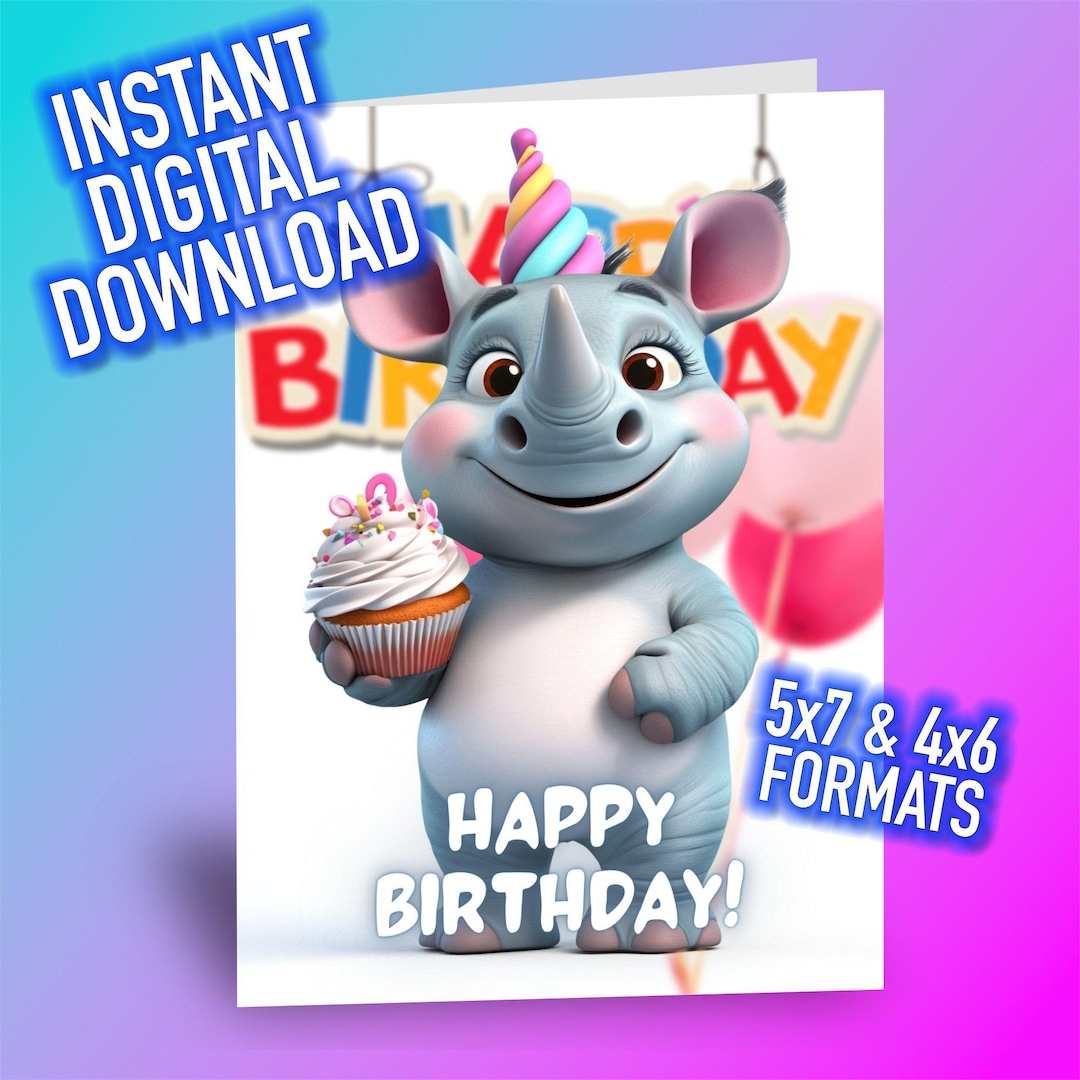 Cute Rhino Birthday Card, Happy Birthday Greeting Card, Digital ...