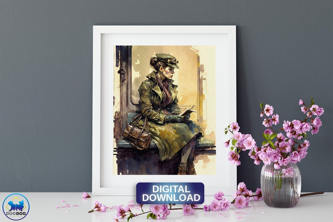 Watercolor Steampunk Woman Sitting on Subway 3 Wall Decor Duo Dogs ...