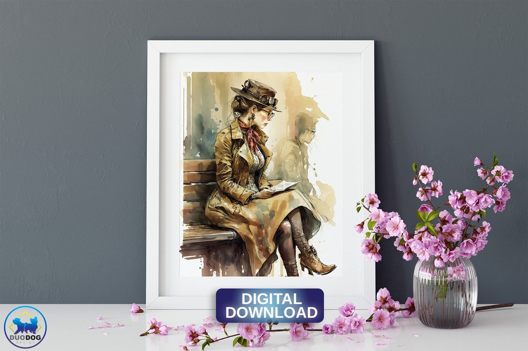 Watercolor Steampunk Woman Sitting on Subway 1 Wall Decor Duo Dogs ...