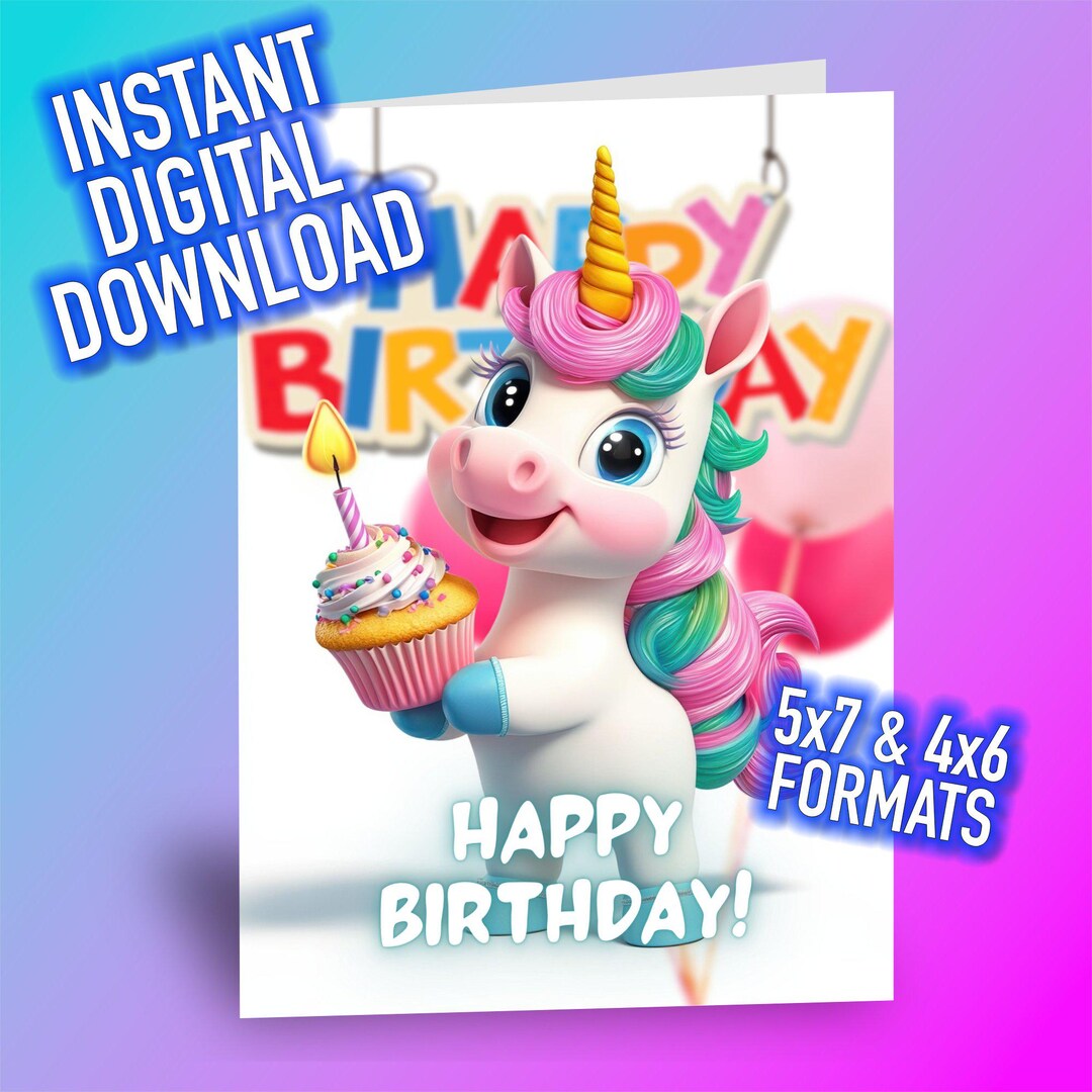 Cute Unicorn Birthday Card, Happy Birthday Unicorn Art, Digital ...
