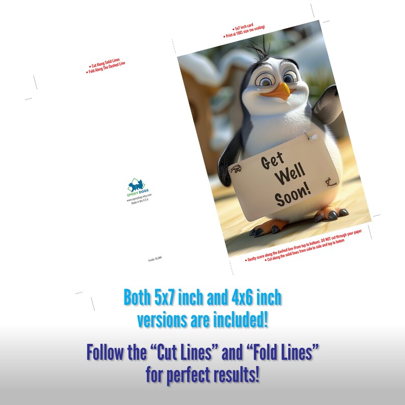 Cute Penguin Get Well Soon Card, Printable Digital Download Greeting ...