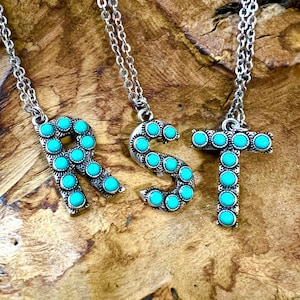 INITIAL NECKLACE | Turquoise Stone Initial Necklace | Stone Pendant ...