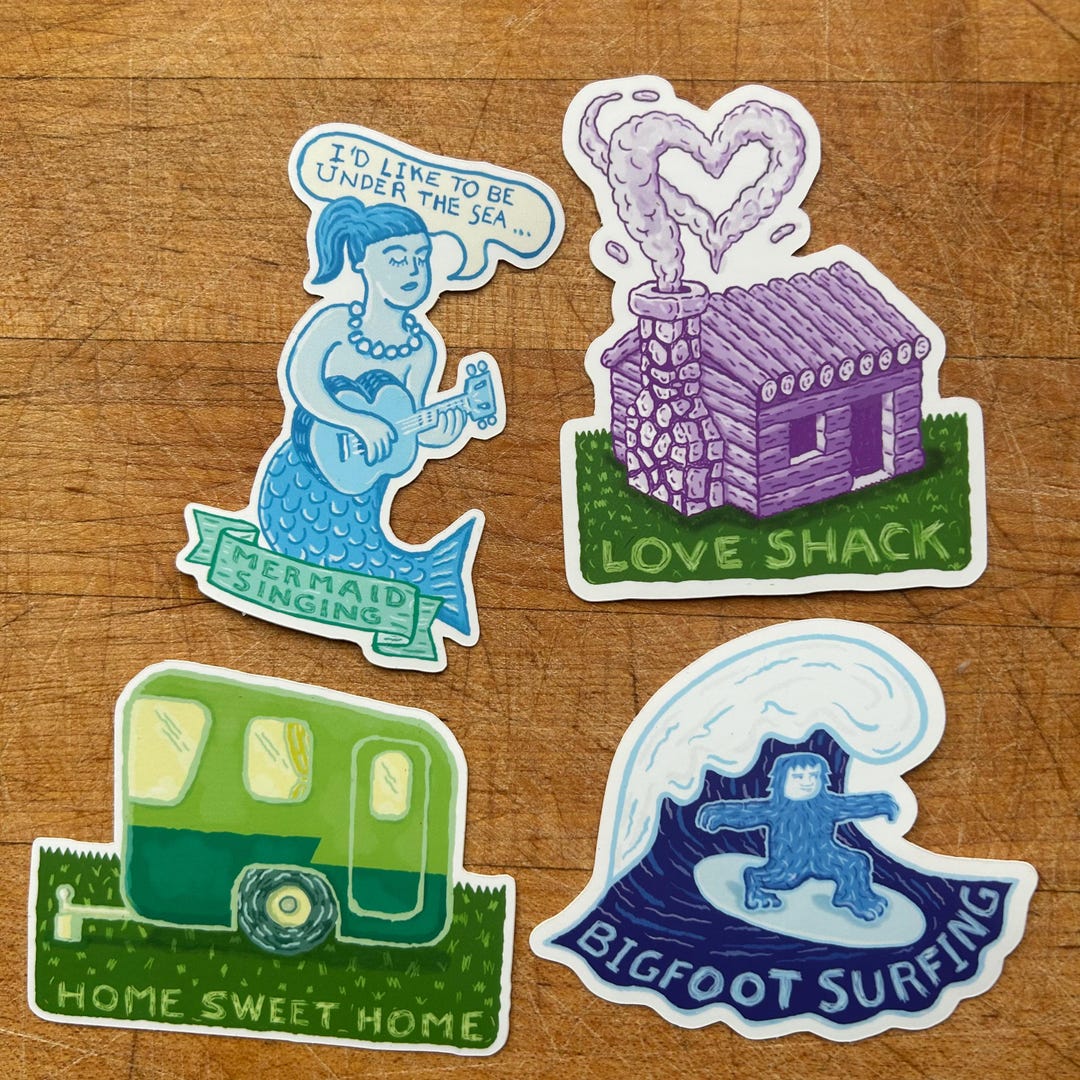 Four Pack of Stickers. Mermaid, Bigfoot, Love Shack and Home Sweet Home ...
