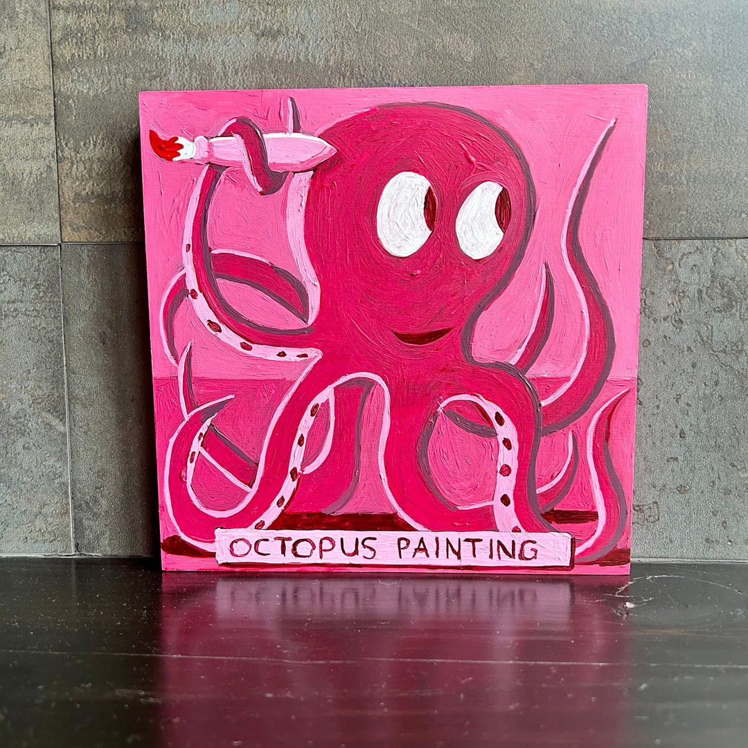 Octopus Painting; Small, Red Comic Like Original Painting. Under Water ...