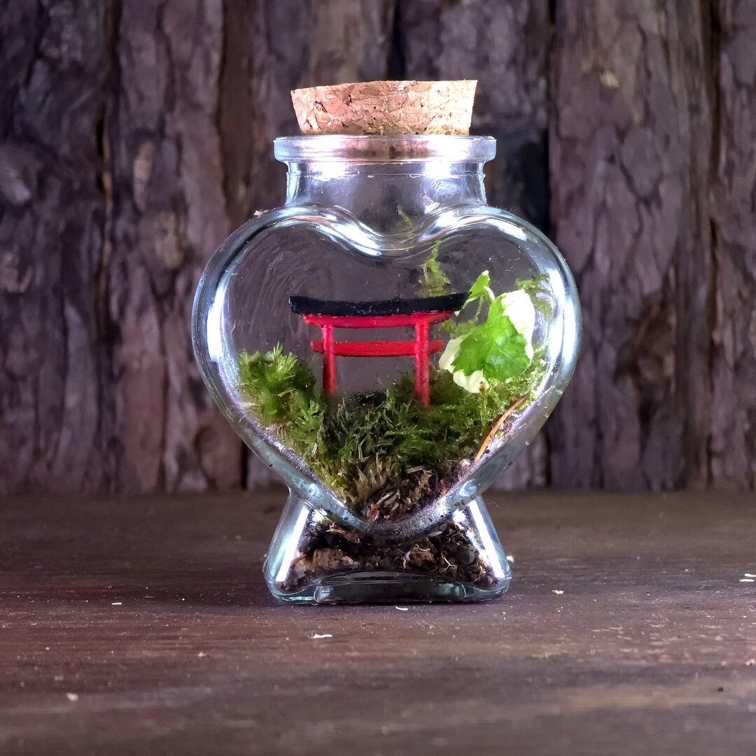 Heart Shaped Terrarium With Torii Gate - Live Moss Mini Zen Garden ...