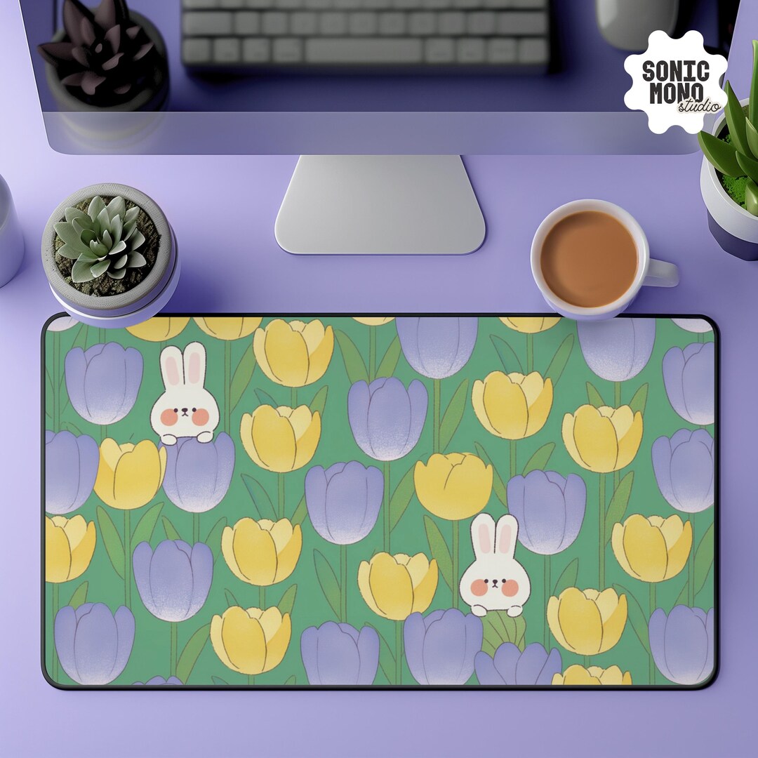 Kawaii Bunny Tulip Desk Mat, Cute Floral Spring Mouse Pad, Large ...