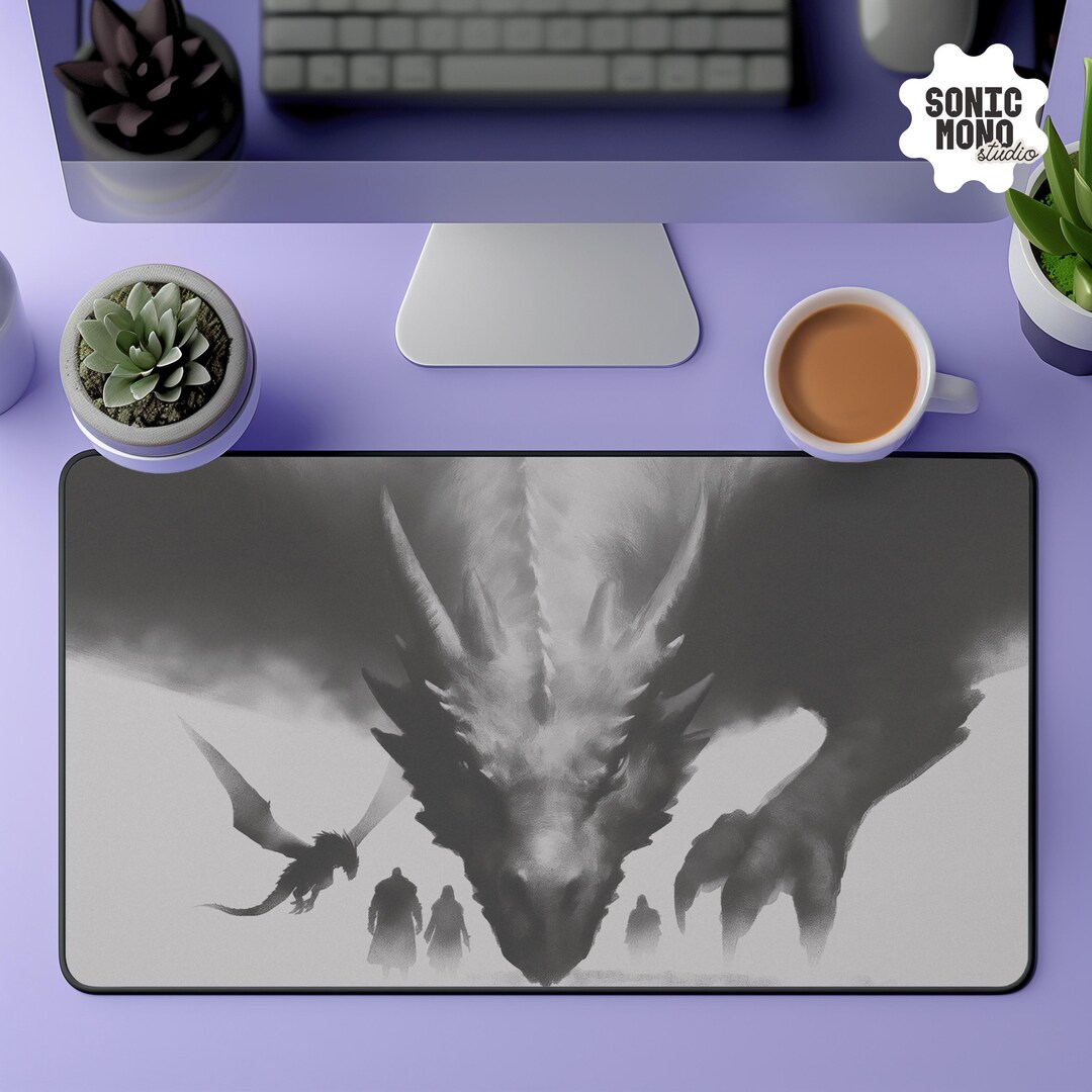 Epic Black and White Dragon Gaming Mouse Pad, Monochrome Fantasy Desk ...