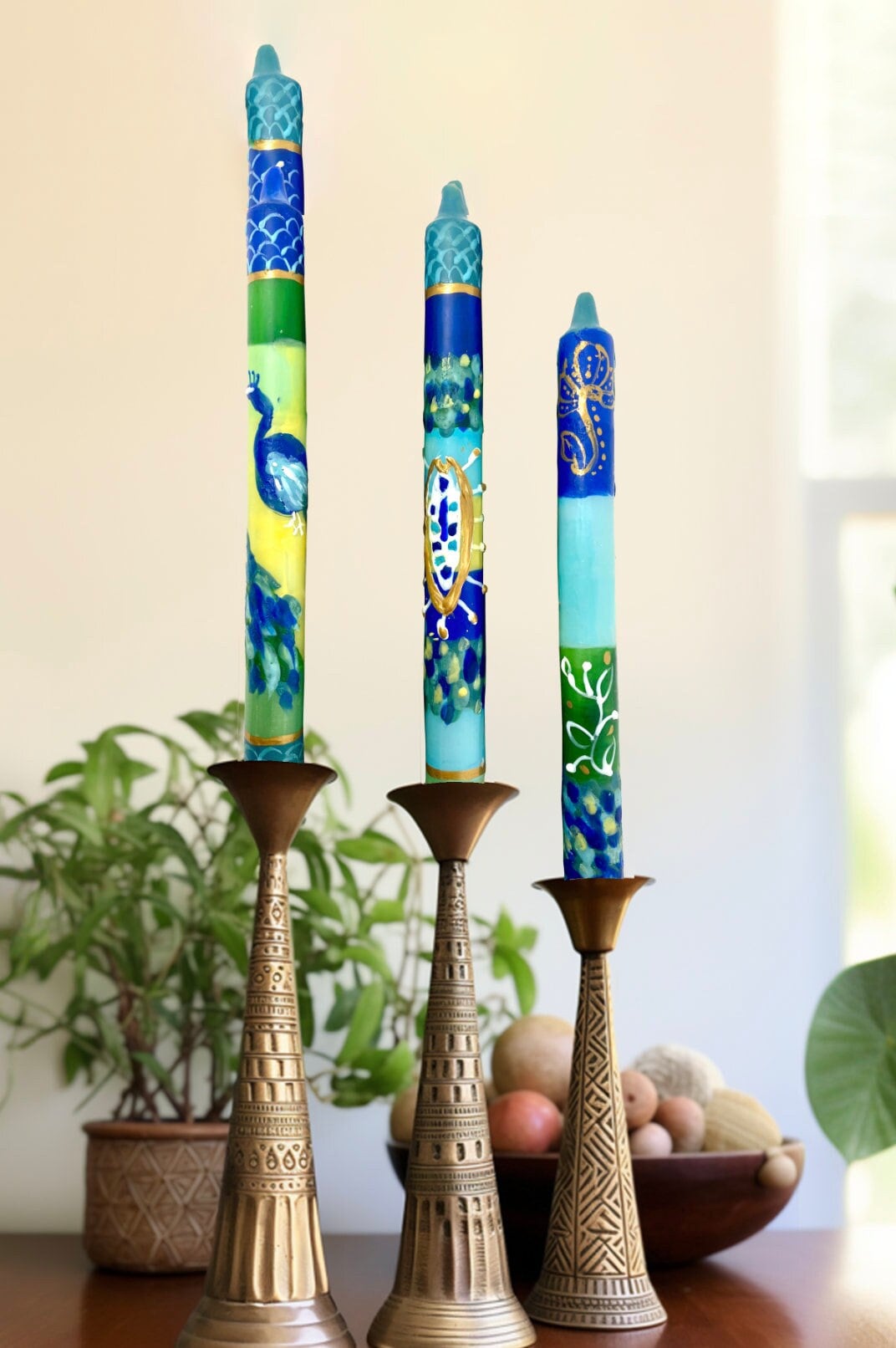 Hand-painted Peacock Tapered Dinner Candles Tribal Beautiful and ...