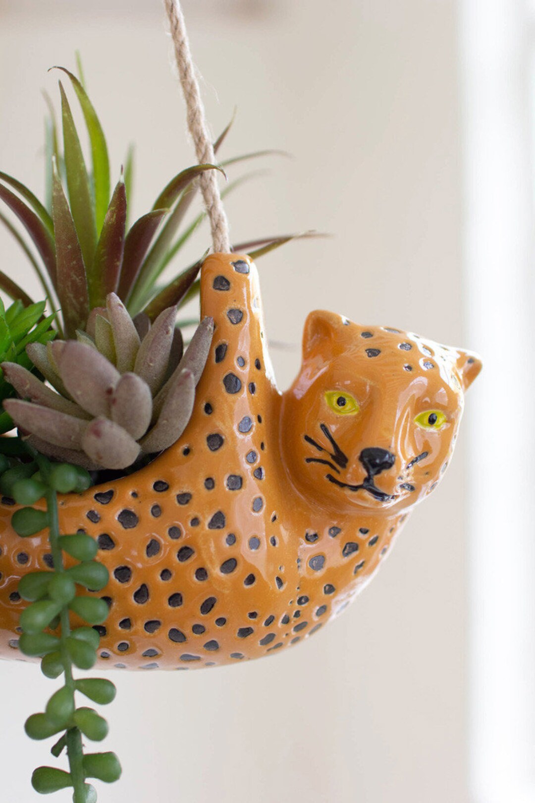 Safari Cheetah Hanging Planter - Ceramic and Jute Rope - Plant ...