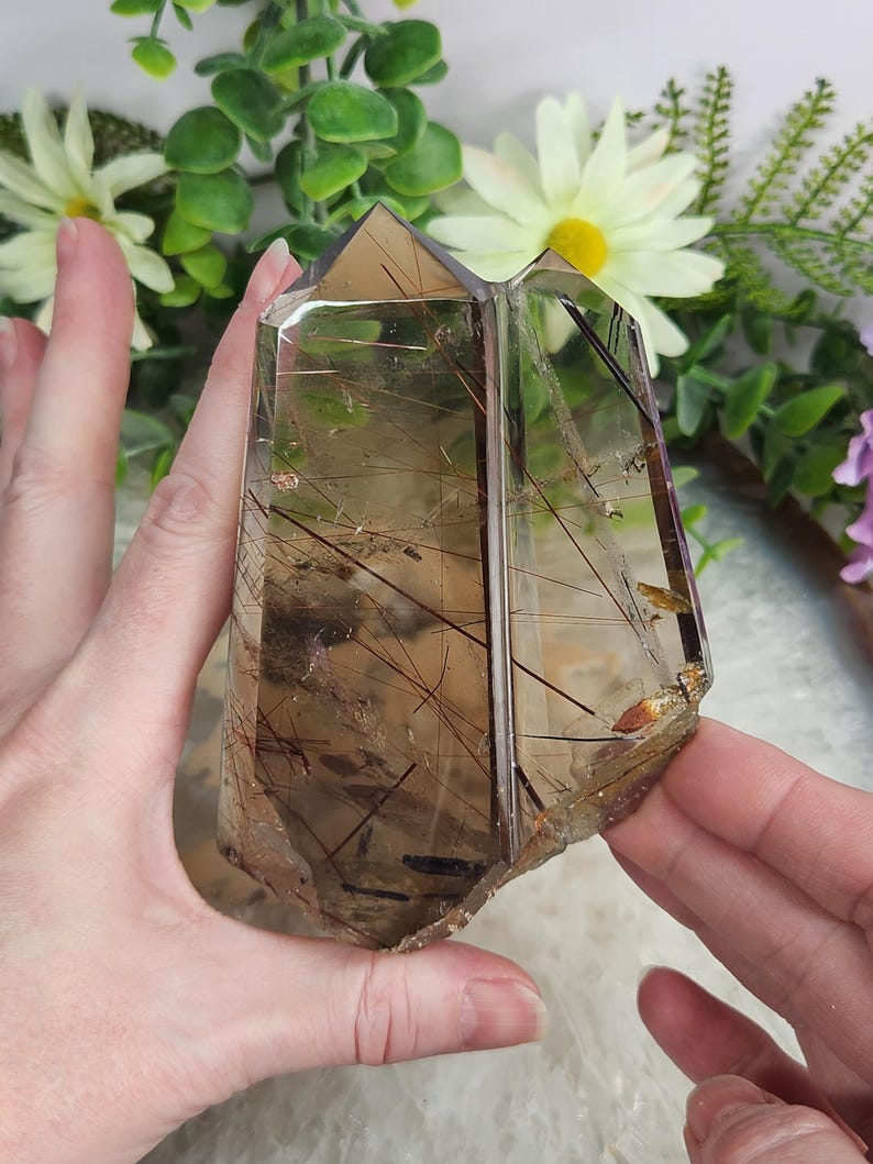 HQ Copper Rutile in Smoky Quartz Double Point on Custom Wooden Stand - Etsy