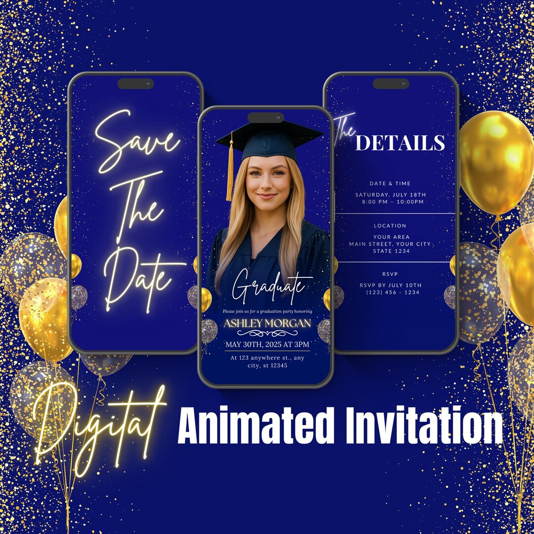 Editable Navy Blue Graduation Invitation Template, 2025 Digital Save ...