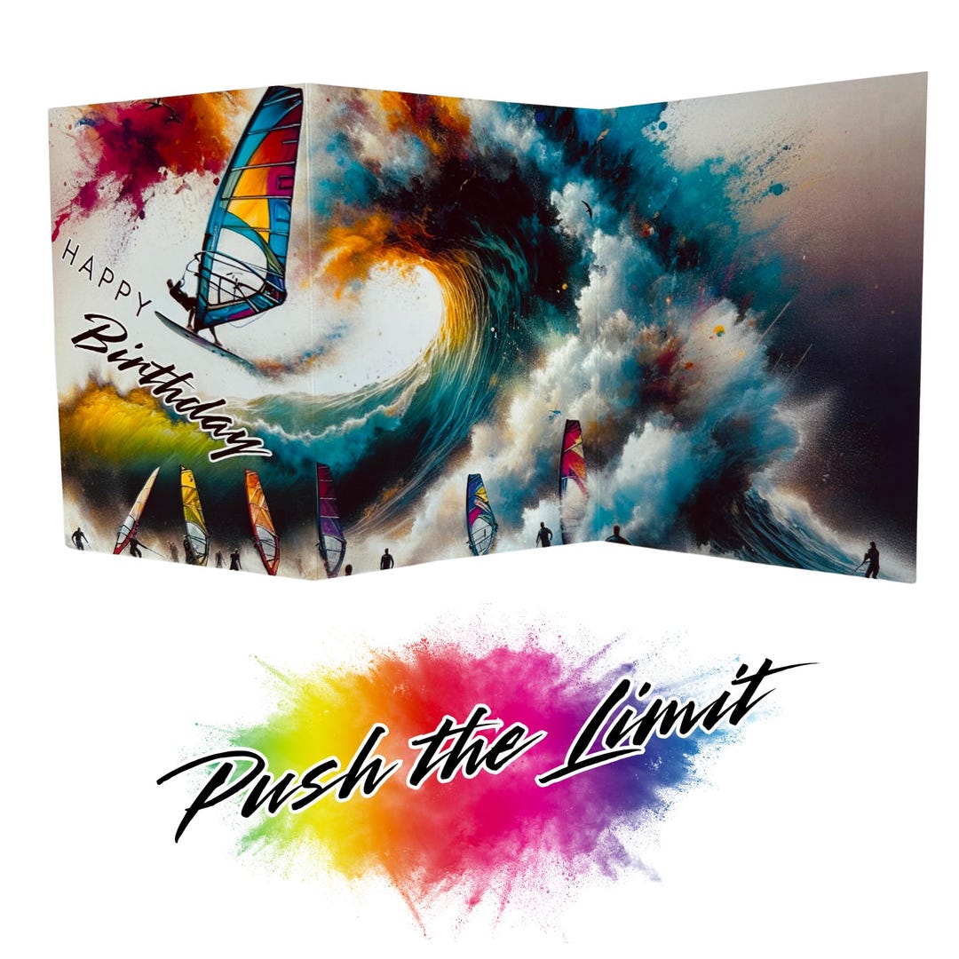 Windsurfing Birthday Card: Rainbow Sail, Crashing Waves - Etsy