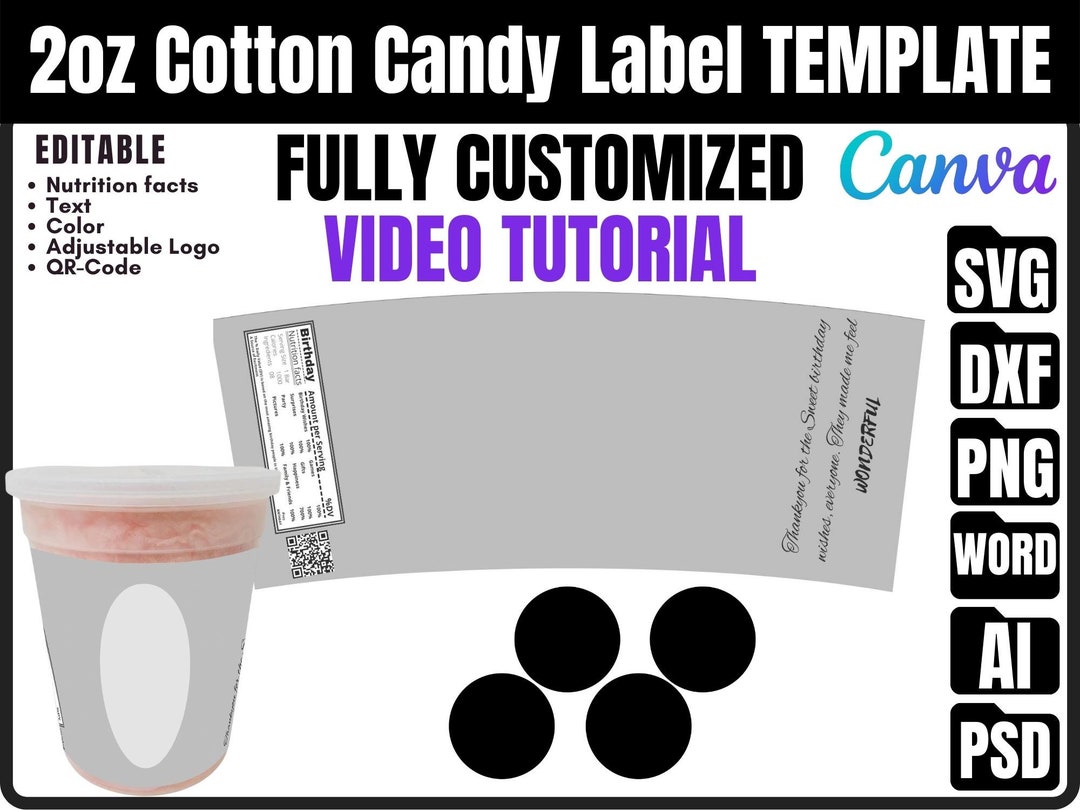 2 Oz Cotton Candy Tub Label Template: Editable Design (digital Download ...
