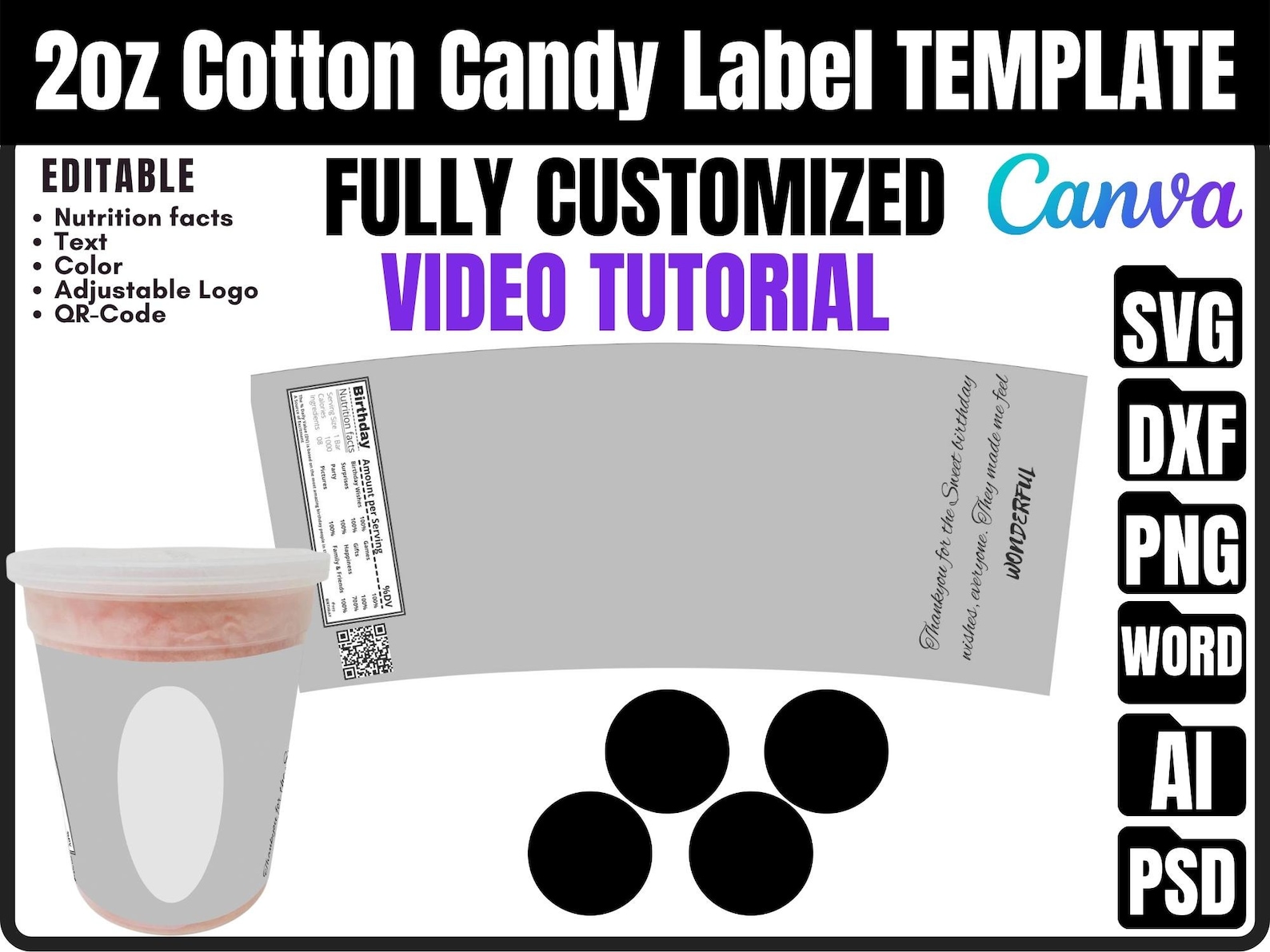 2 Oz Cotton Candy Tub Label Template: Editable Design (digital Download ...