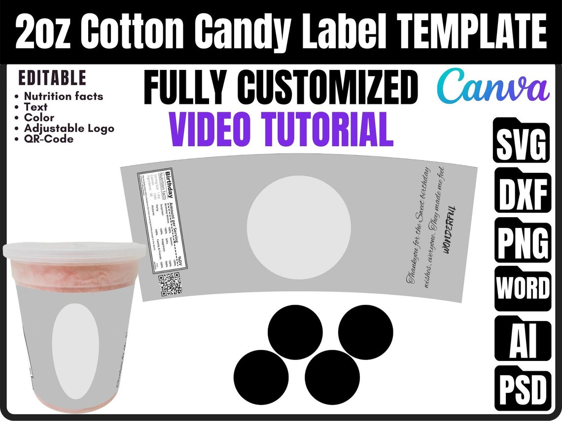 2 Oz Cotton Candy Tub Label Template: Editable Candy Floss Wrap ...