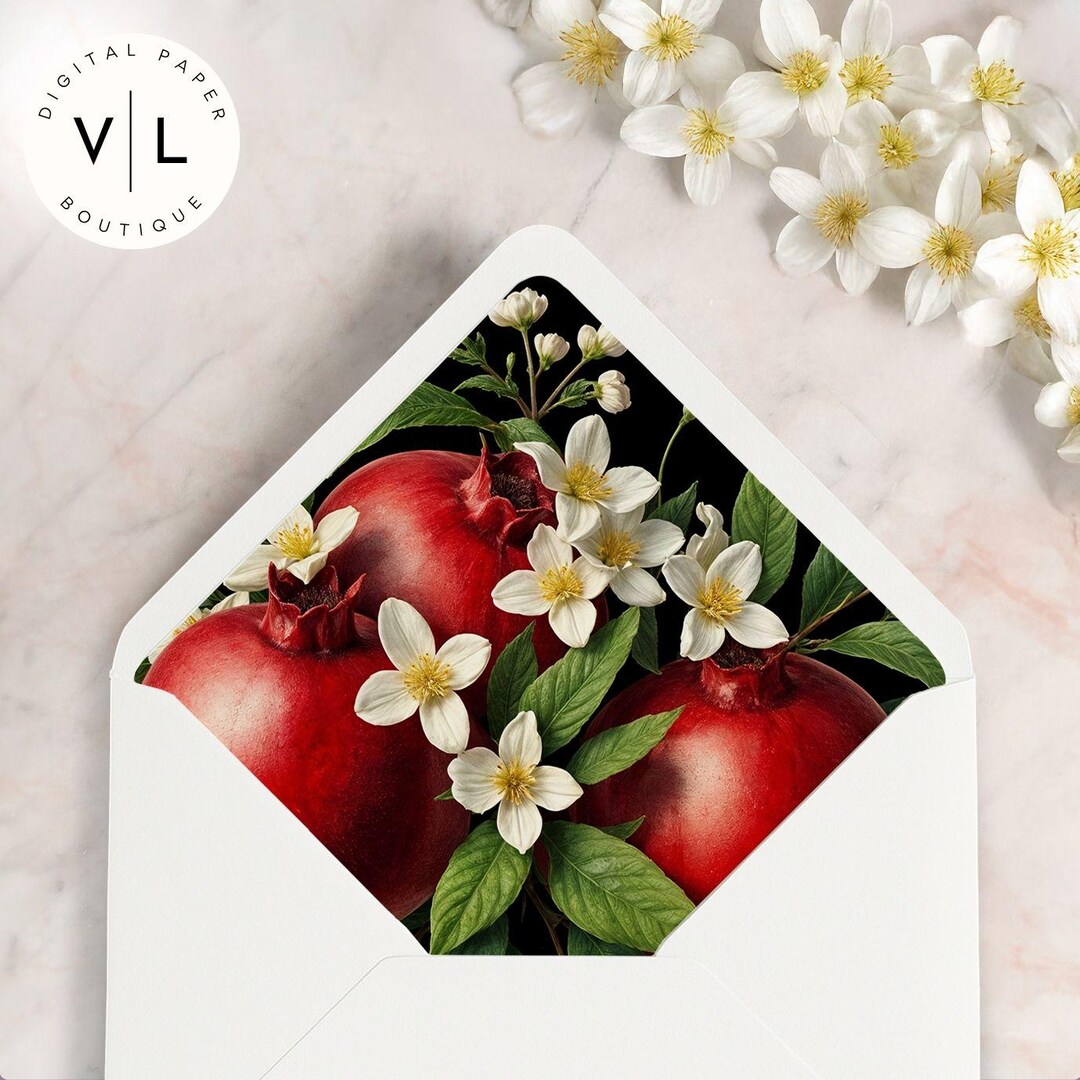 Pomegranate Envelope Liner | Printable Botanical Design | Elegant Fruit ...