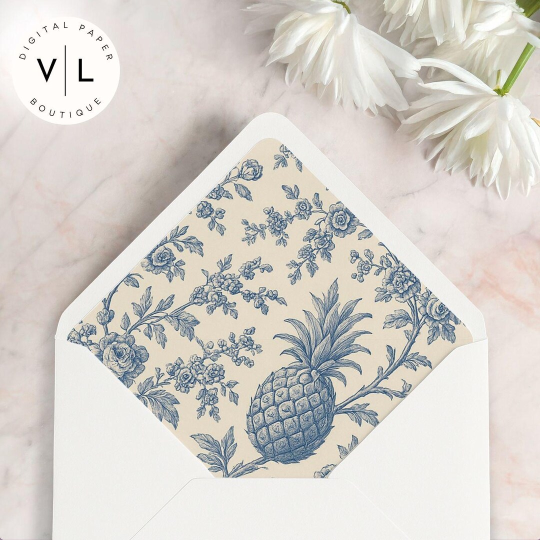 Toile Pineapple Envelope Liner | Blue Chinoiserie Floral (printable ...