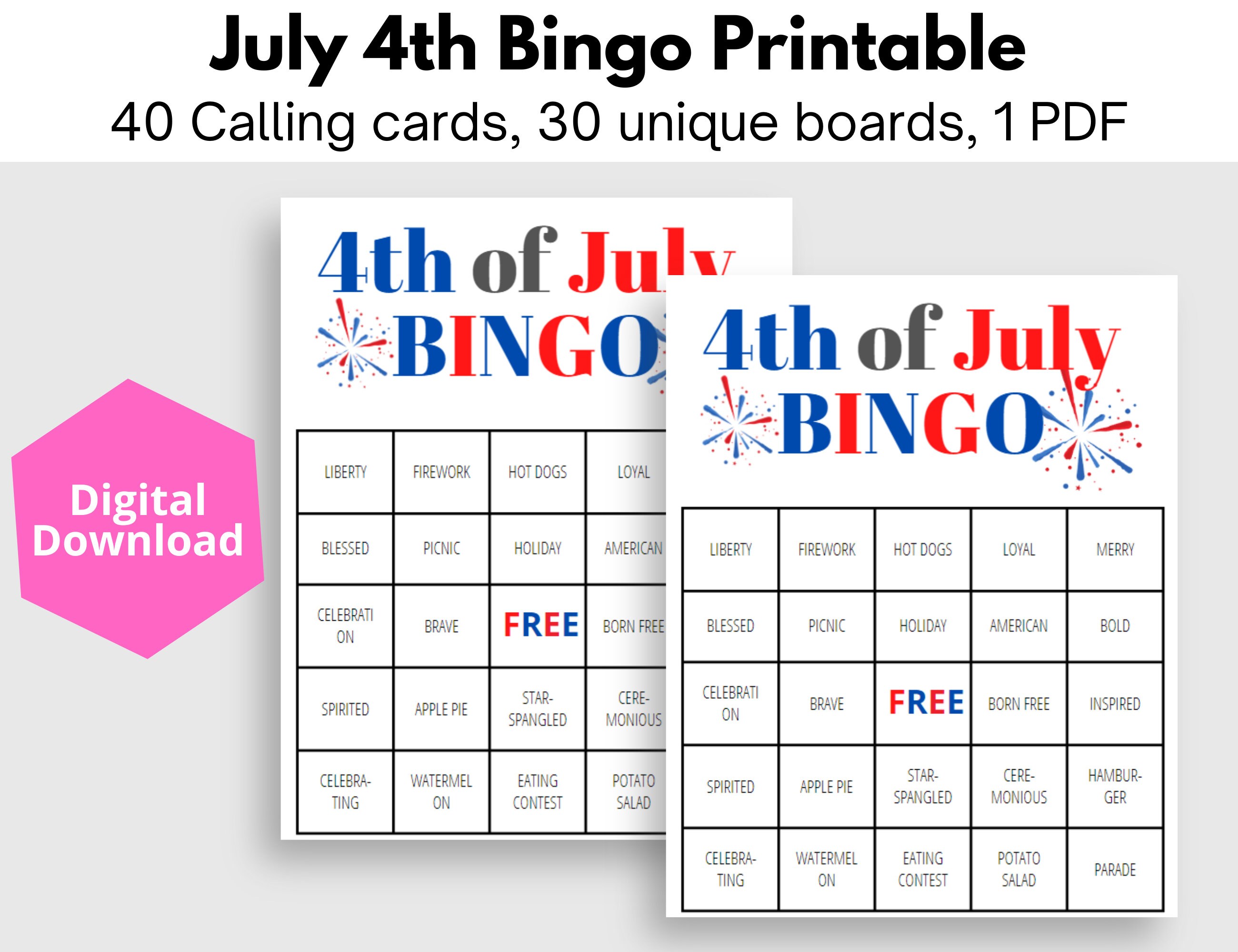 4th of July Bingo, Party Games, Printable Bingo Independence Day Bingo ...