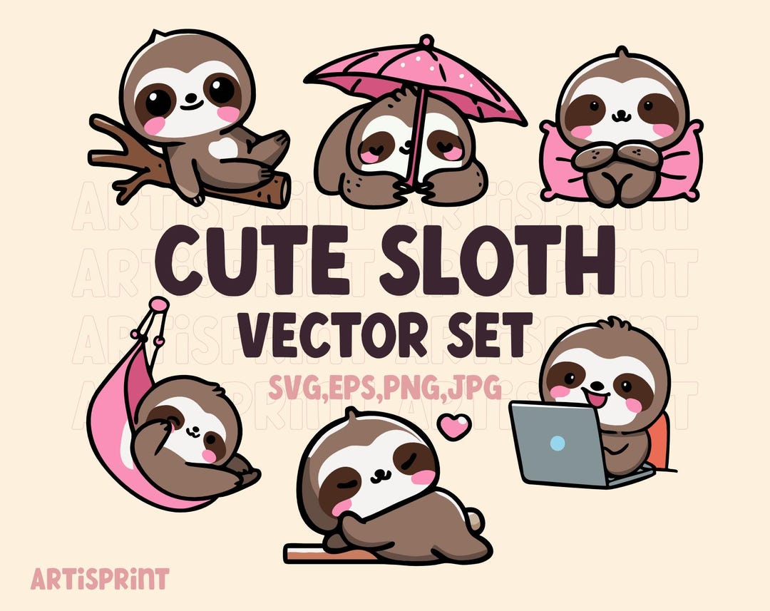 Sloth Vector Clipart , Kawaii Sloths - Cute Sloth Clipart Set , High ...
