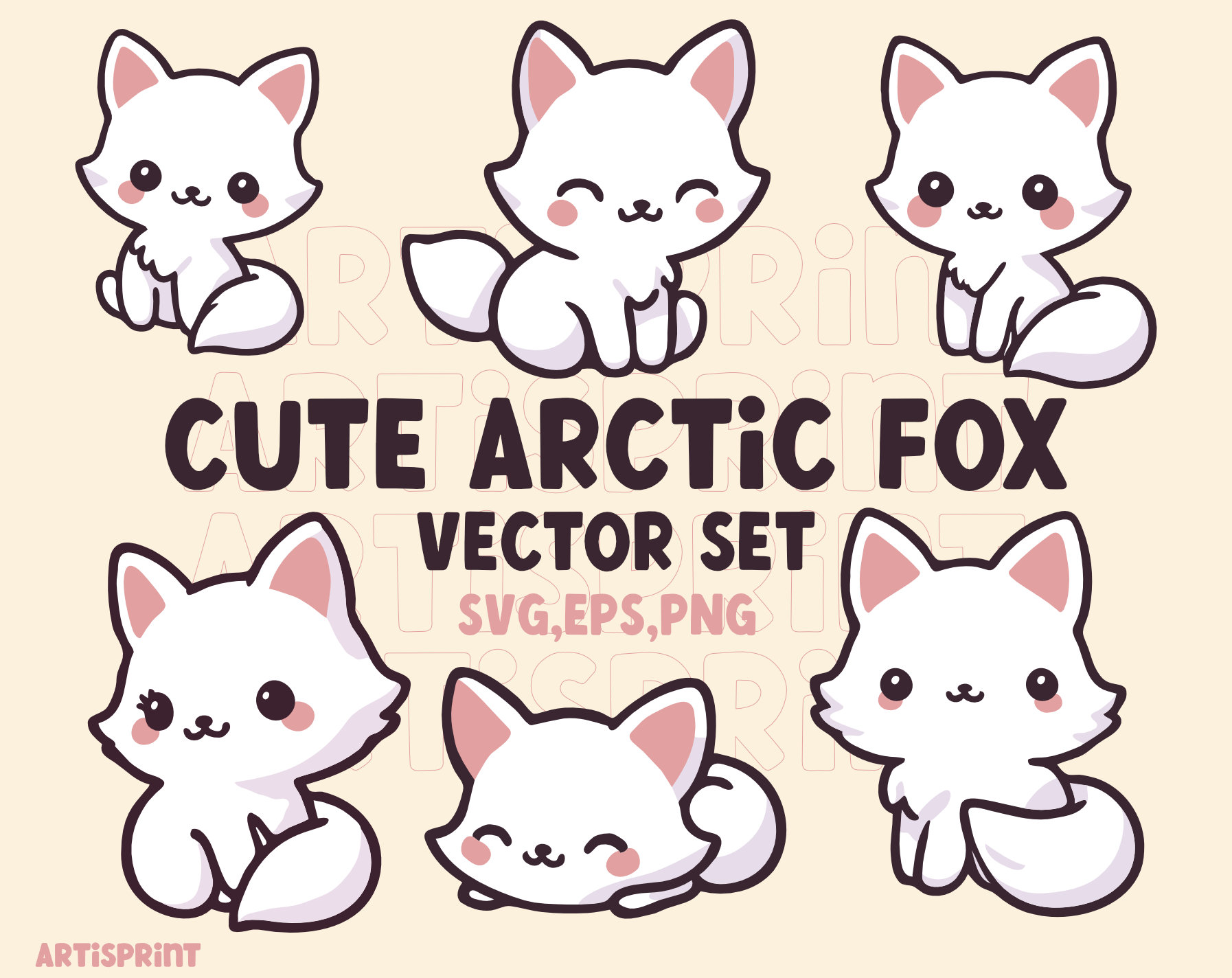 Arctic Fox Vector Clipart , Kawaii Arctic Fox- Cute White Arctic Fox ...