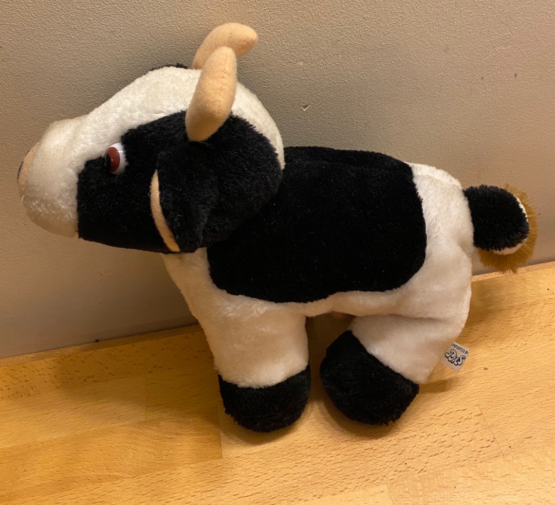 Brown Eyed 1980s Retro Cow With Udders and Horns Soft Plush Toy ...