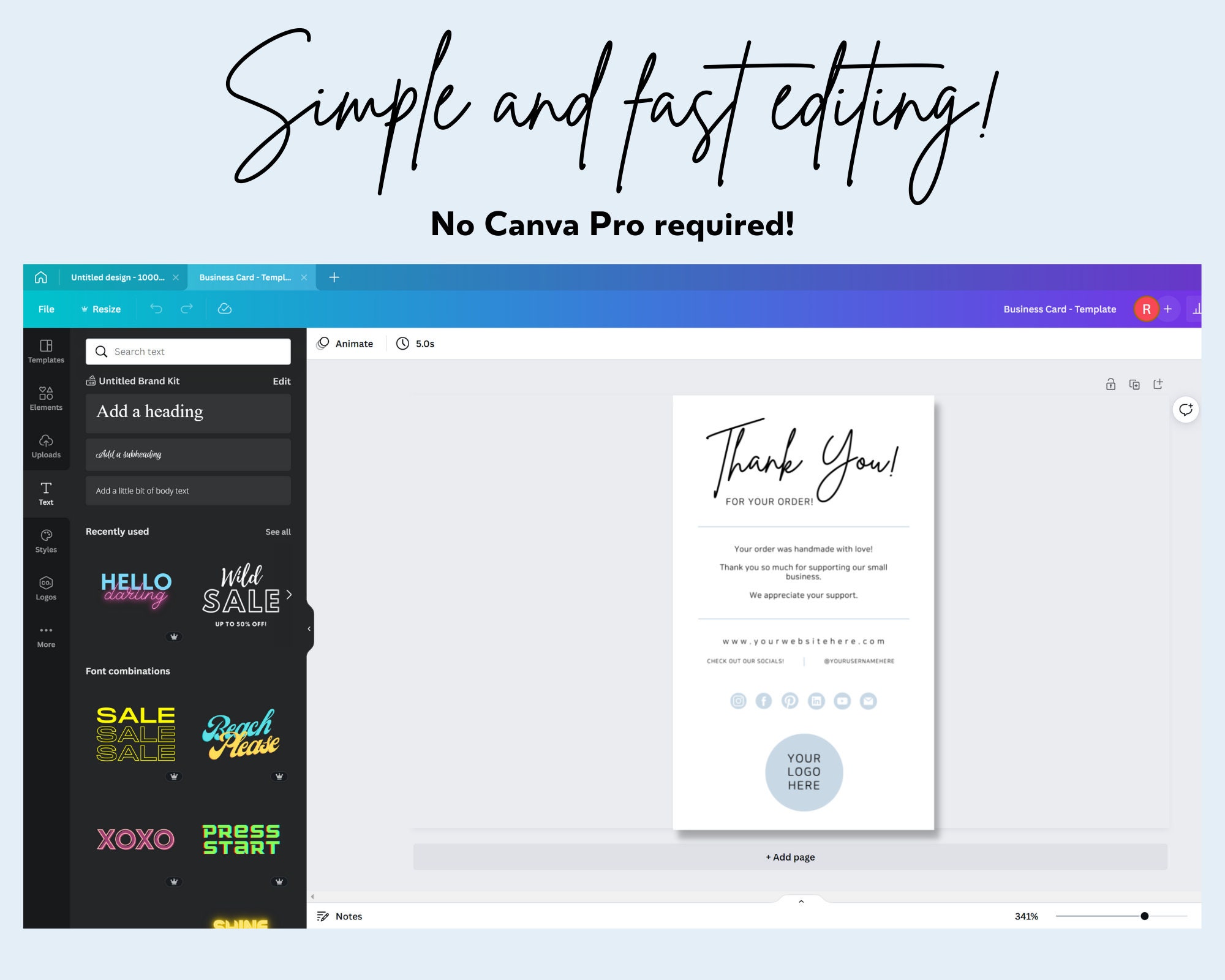 Digital Thank You Card Template Canva Thank You Card - Etsy