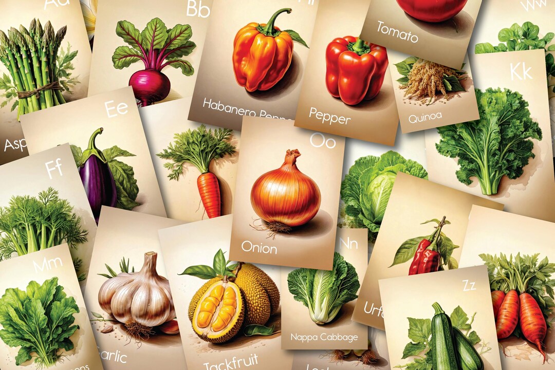 29 Alphabet Cards Fruits & Veggies | Flashcards | Illustration ABC ...